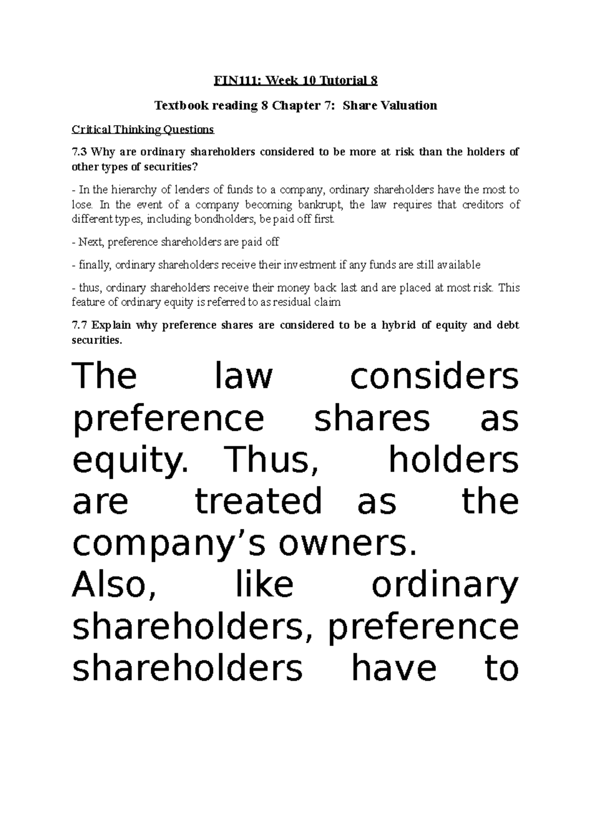 Tute 8 Week 10 - Tutorial work - FIN111: Week 10 Tutorial 8 Textbook ...