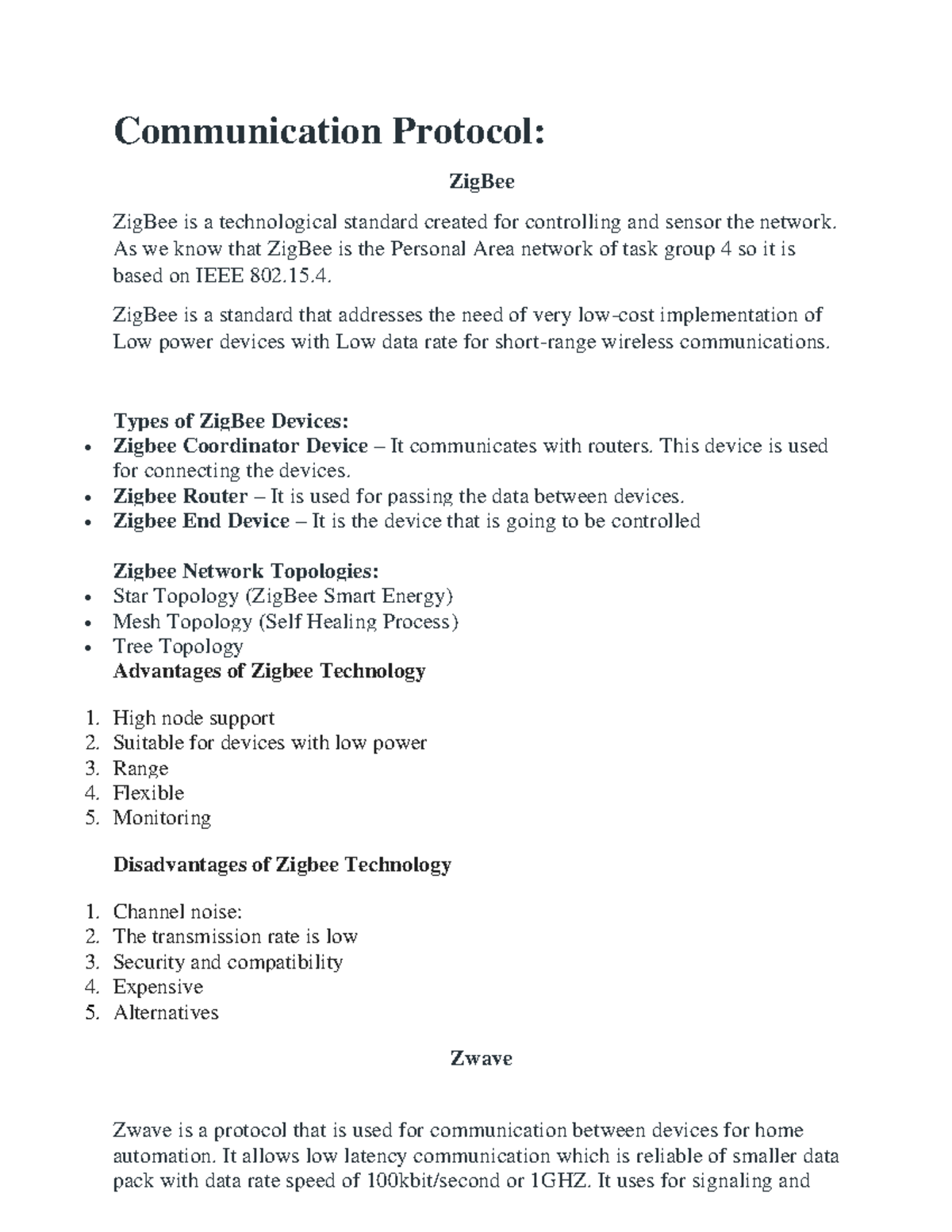 Ch 2 Summary Explanation Of Different Communication Protocols Communication Protocol Zigbee