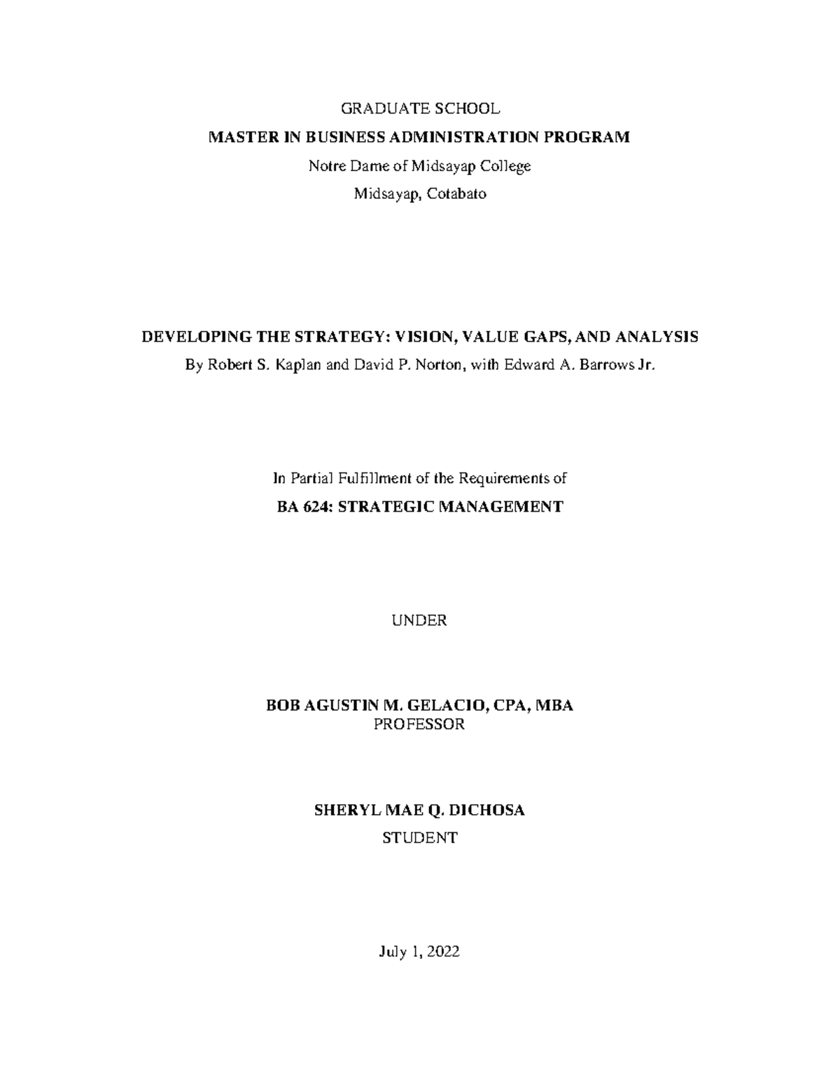 Task 2 SM - Assignment to strategic management - GRADUATE SCHOOL MASTER ...