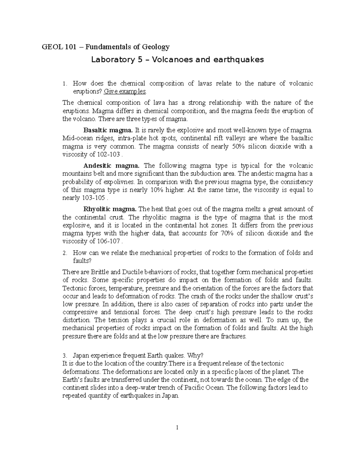 GEOL 101 - Laboratory 5 Volcanoes and Earthquakes-2 - GEOL 101 – Fundamentals of Geology ...