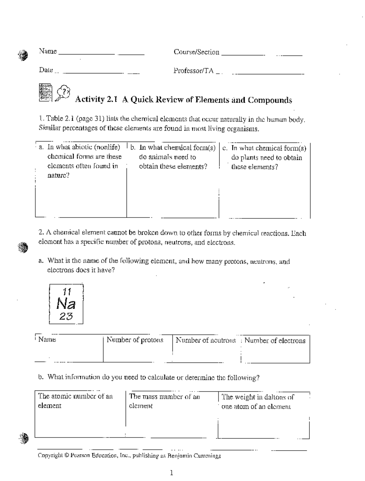 2.1 quick review of elements 7 compounds - Name Date ? Activity 2 A ...