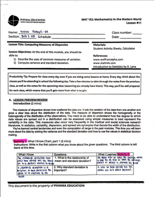 SAS 01 MAT 152 FLM - Module - Lesson # Name: - Studocu