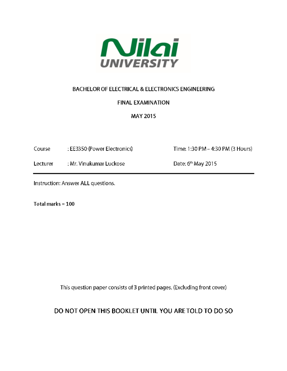 EE3350- MAY 2015 Final Question-ANS show - Power Electronics - Total marks = - Studocu