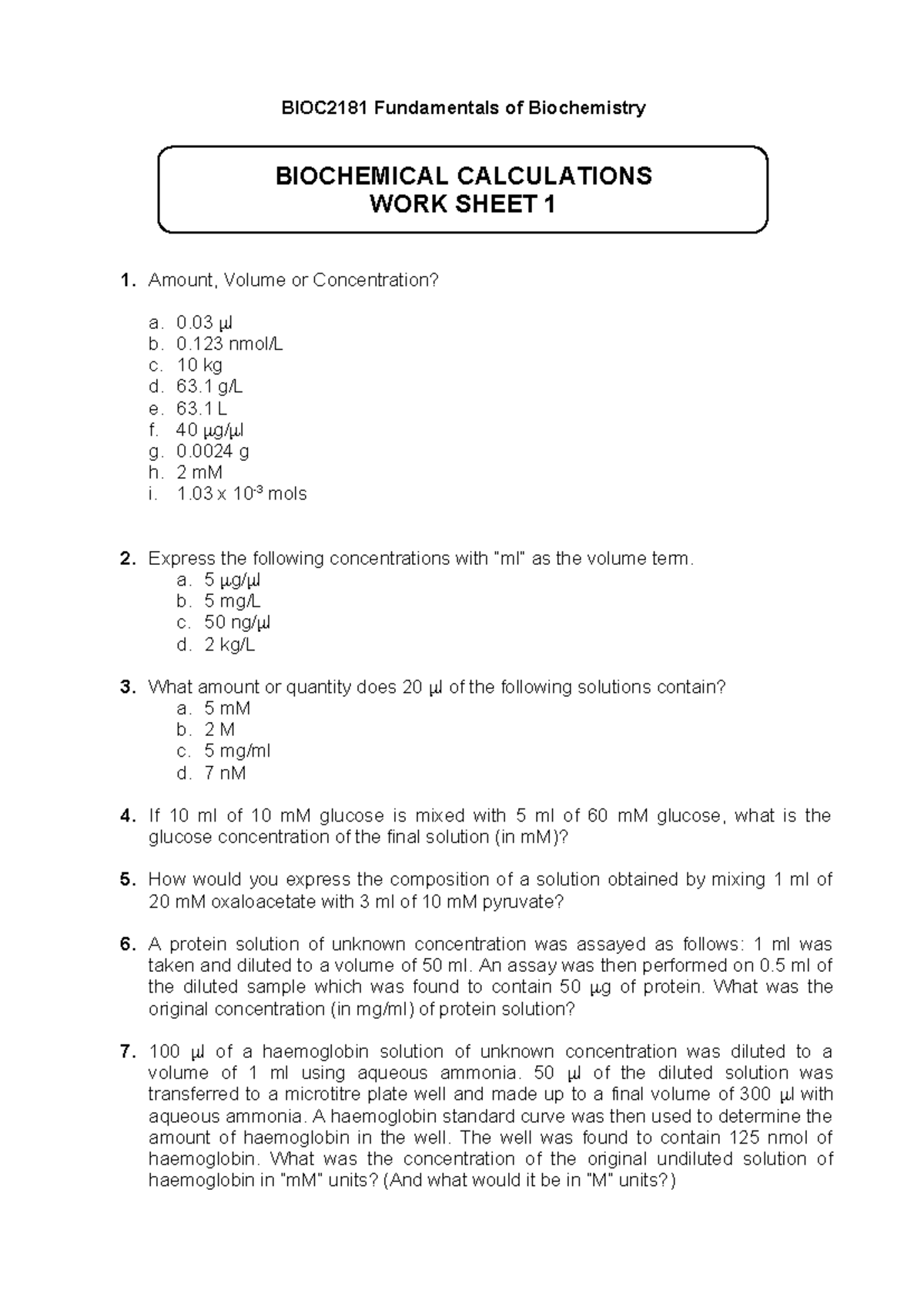 Biochemical Calculations Work Sheet 1 - BIOC2181 Fundamentals of ...