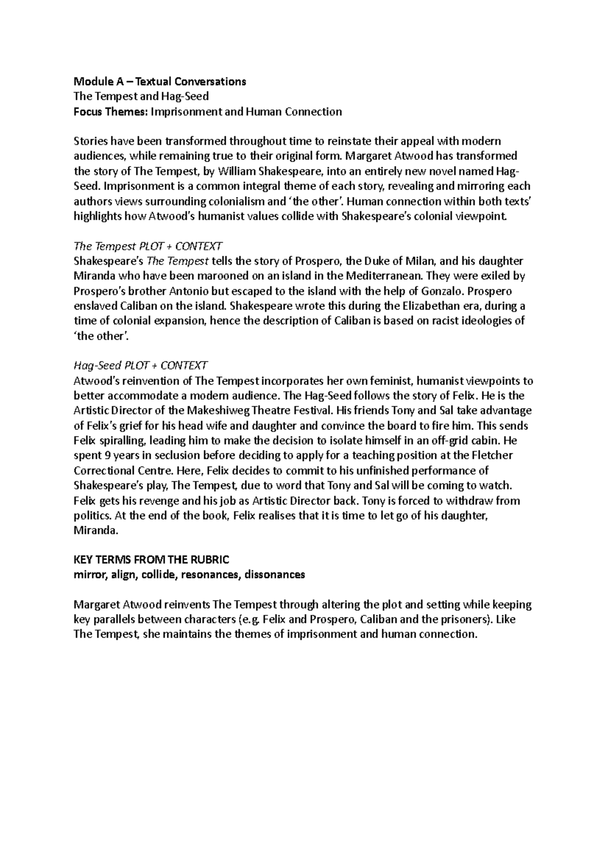 English Revision Sheet - Module A – Textual Conversations The Tempest ...