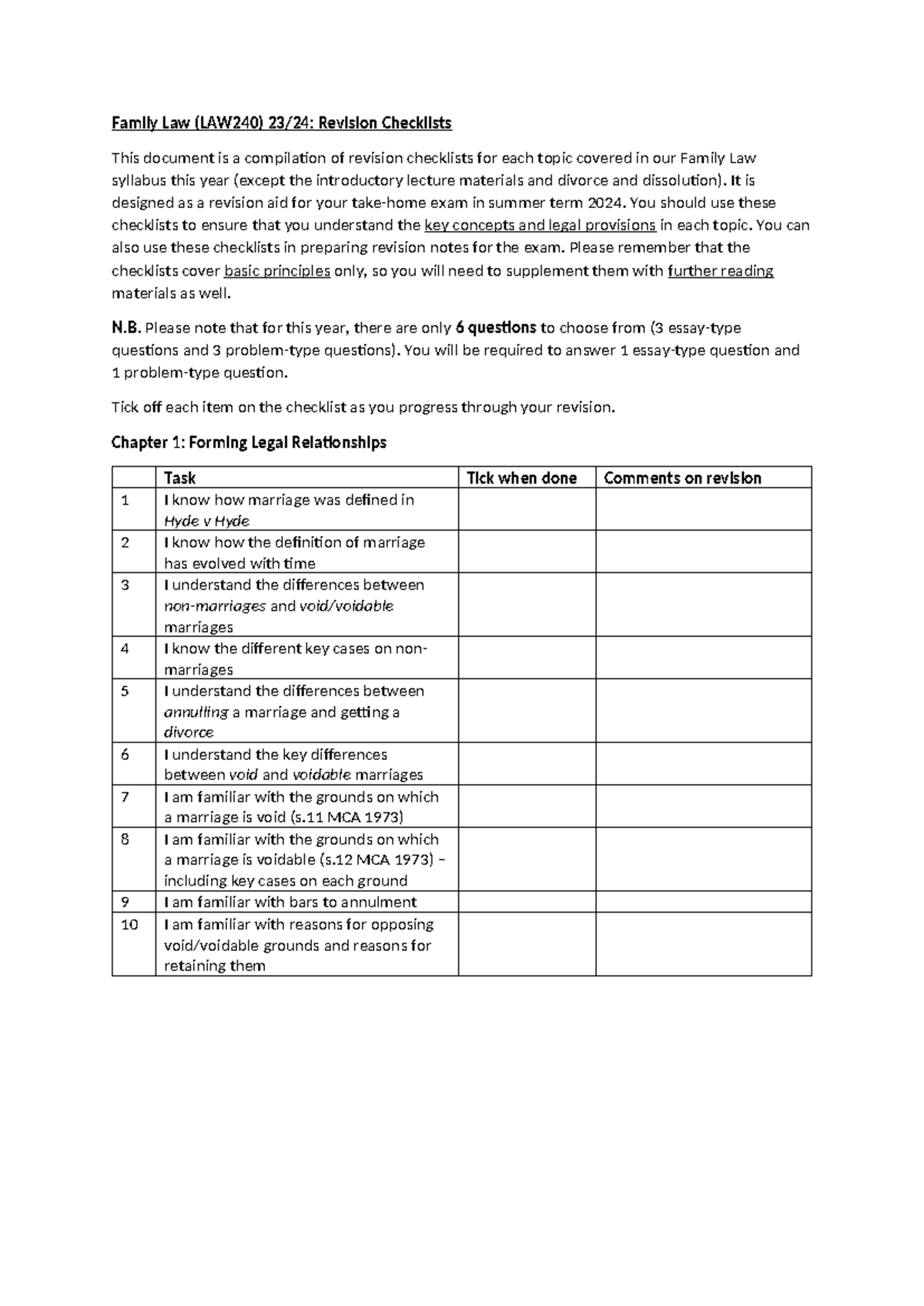 Revision Checklists 23-24 - Family Law (LAW240) 23/24: Revision ...