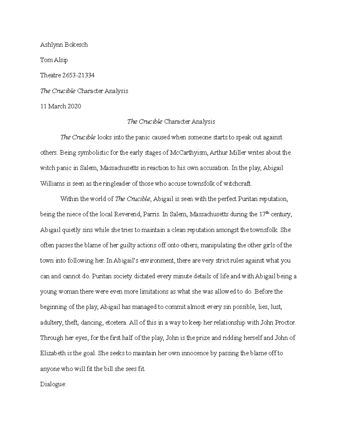 The Crucible character analysis - Ashlynn Bokesch Tom Alsip Theatre ...