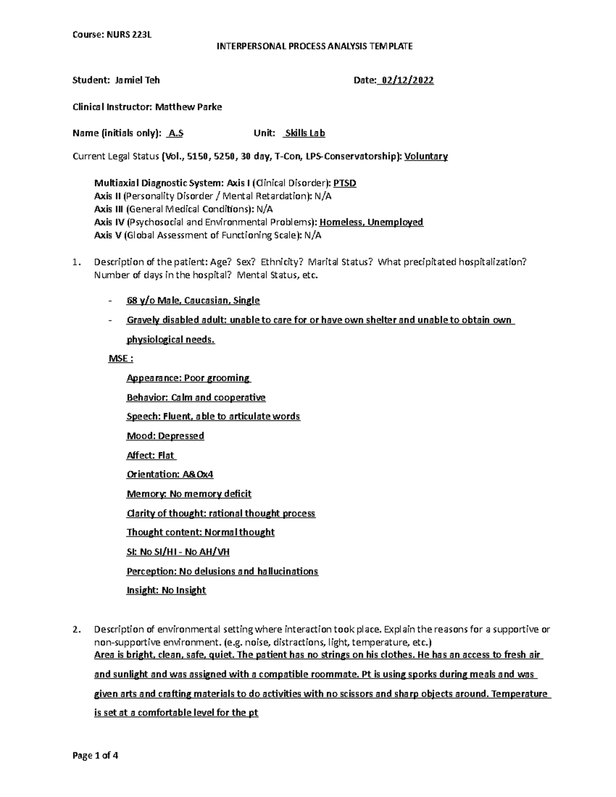 NURS 223L - Interpersonal Process Analysis WEEK 3 - INTERPERSONAL ...