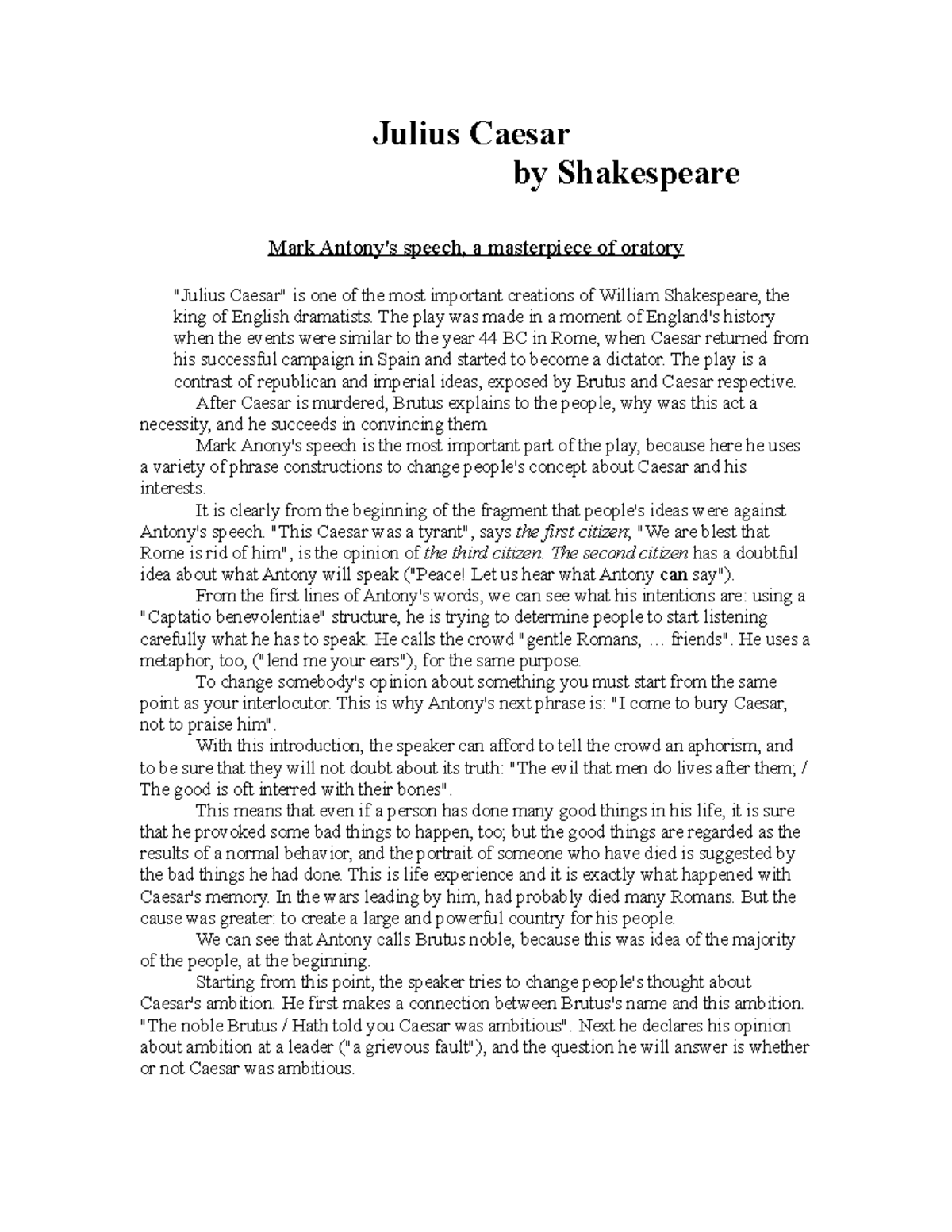 H18 - Notes - Julius Caesar by Shakespeare Mark Antony's speech, a ...