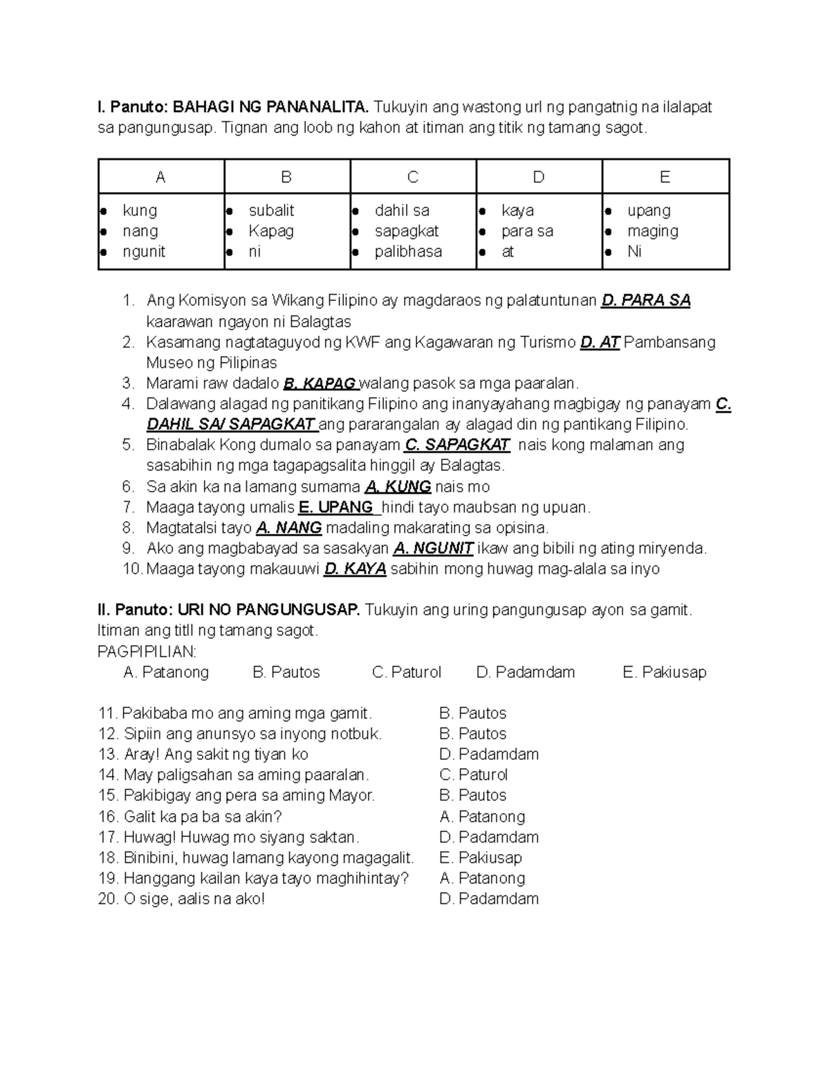 Balarila-FINa LS - HHHHHHHHHH - I. Panuto: BAHAGI NG PANANALITA ...