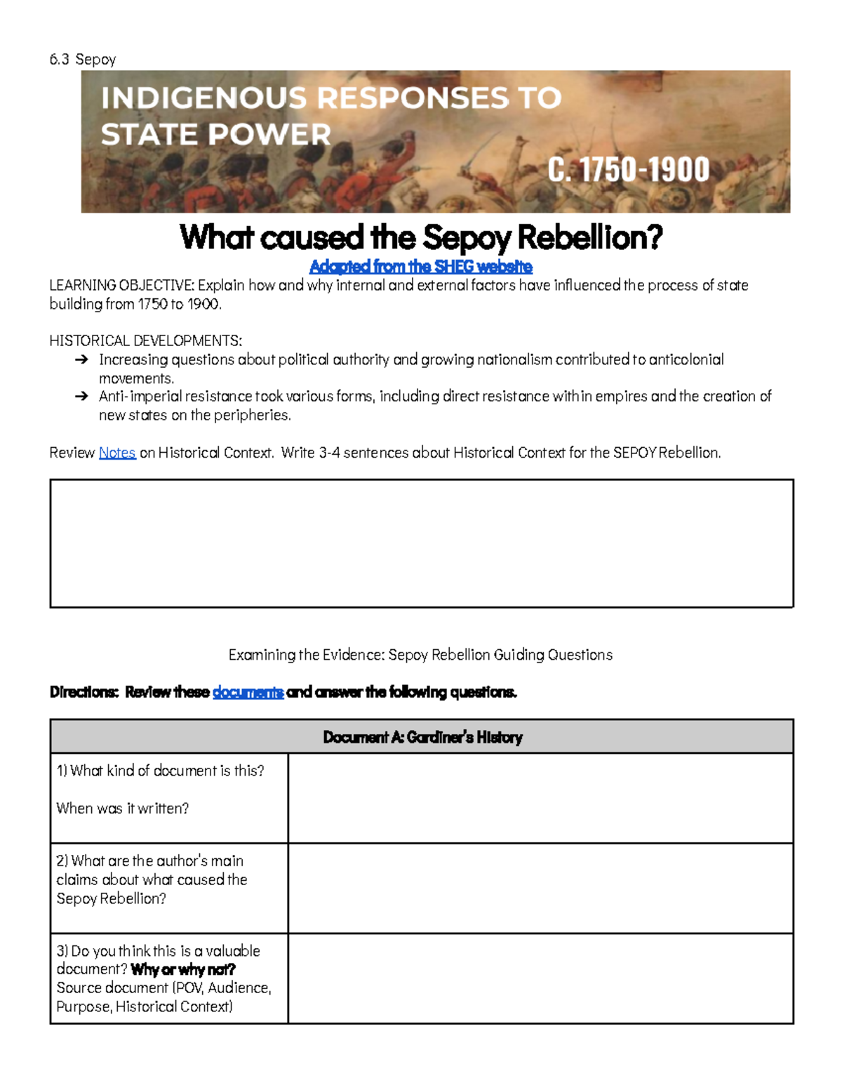 6.3 Sepoy Rebellion - 6 Sepoy What caused the Sepoy Rebellion? Adapted ...