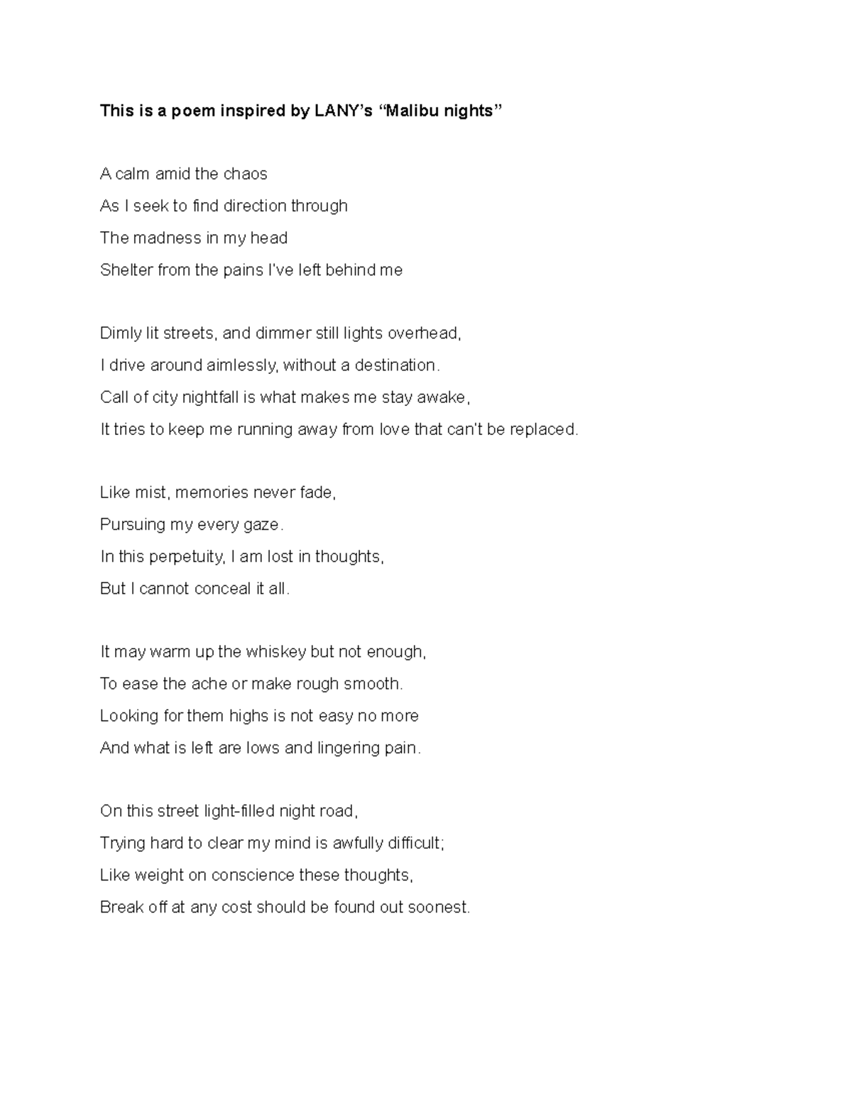 Bang - lyrics - This is a poem inspired by LANY’s “Malibu nights” A ...