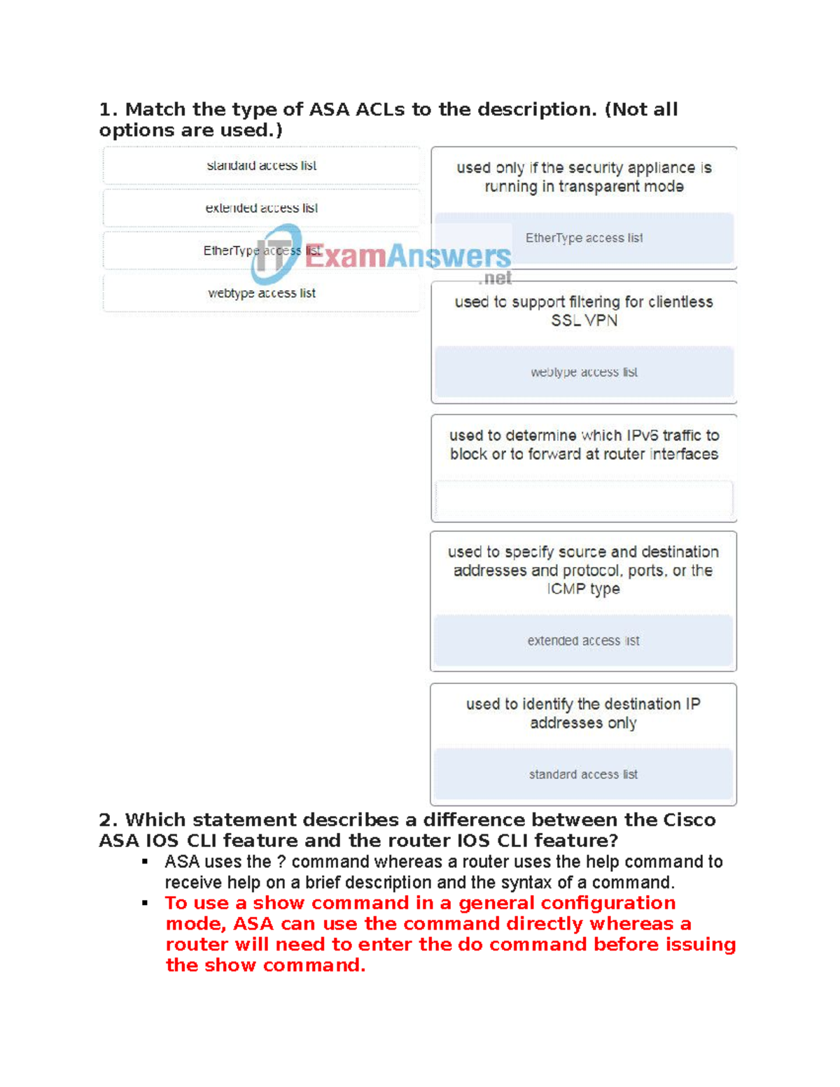 Network Security Study Guide Outline - Match the type of ASA ACLs to ...