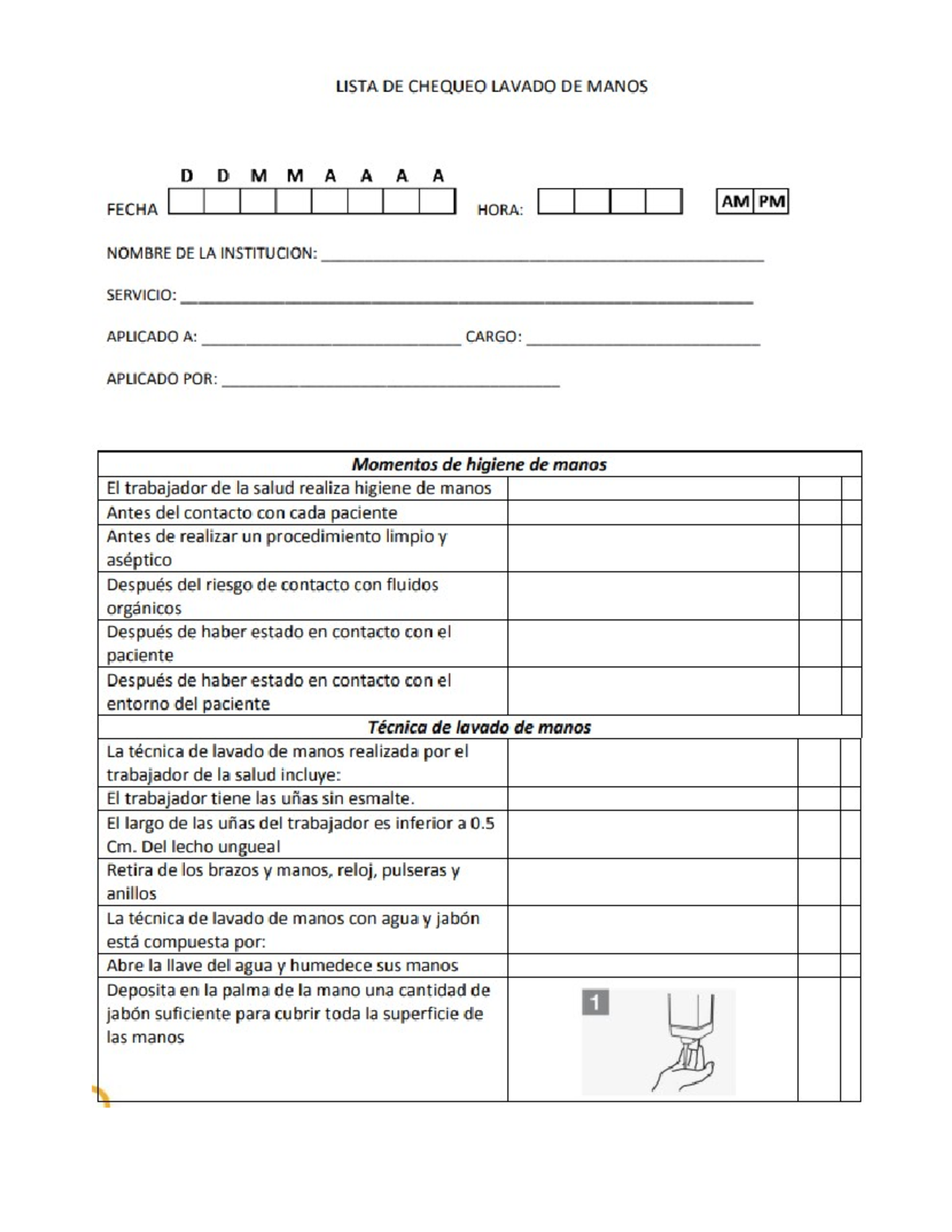 Check List Lavado de manos - LISTA DE CHEQUEO LAVADO DE MANOS D D M M A ...