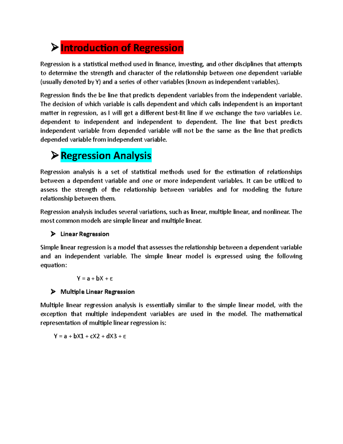 Regression - Introduction of Regression Regression is a statistical ...