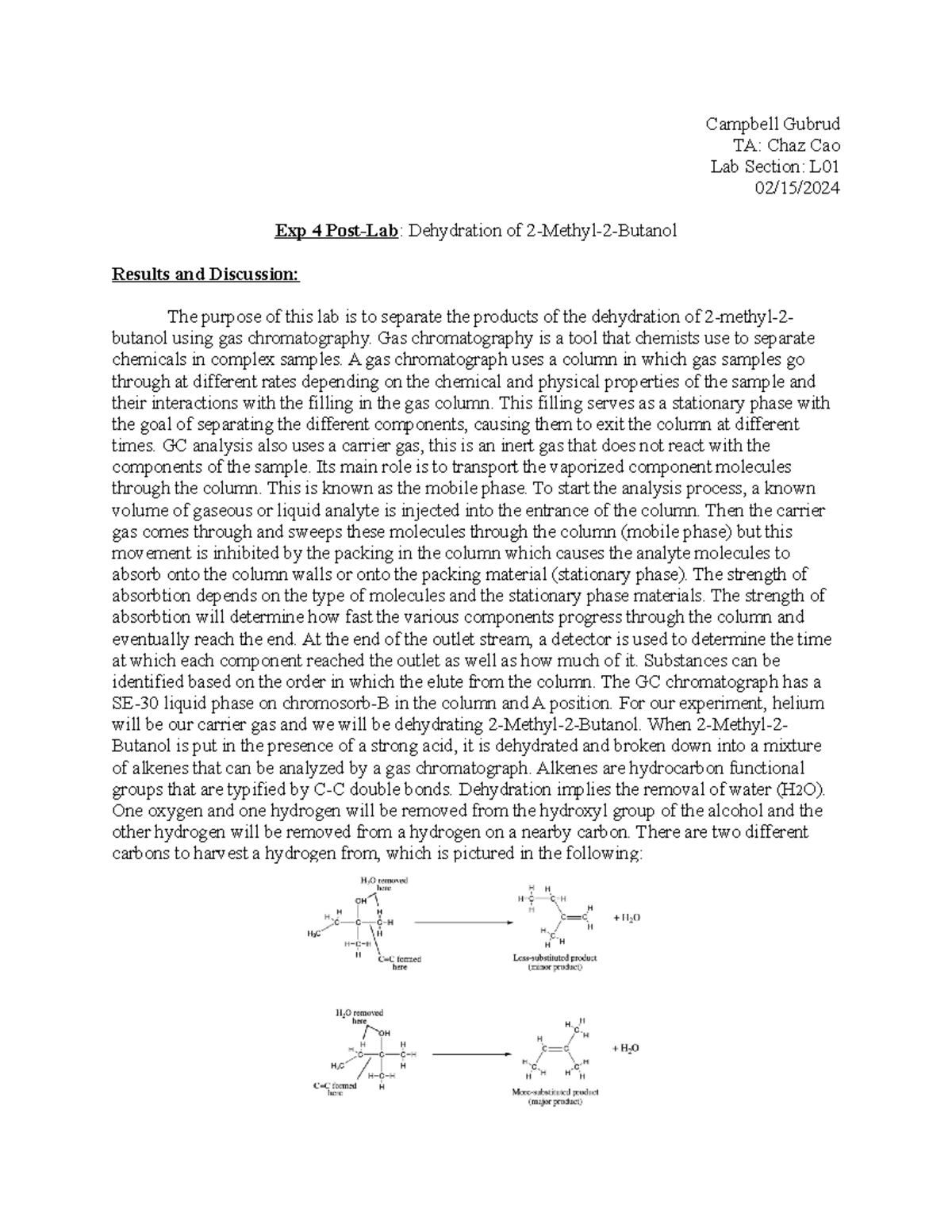 4Post Lab - Post lab for experiment 4 - Campbell Gubrud TA: Chaz Cao Lab Section: L 02/15/ Exp 4 ...