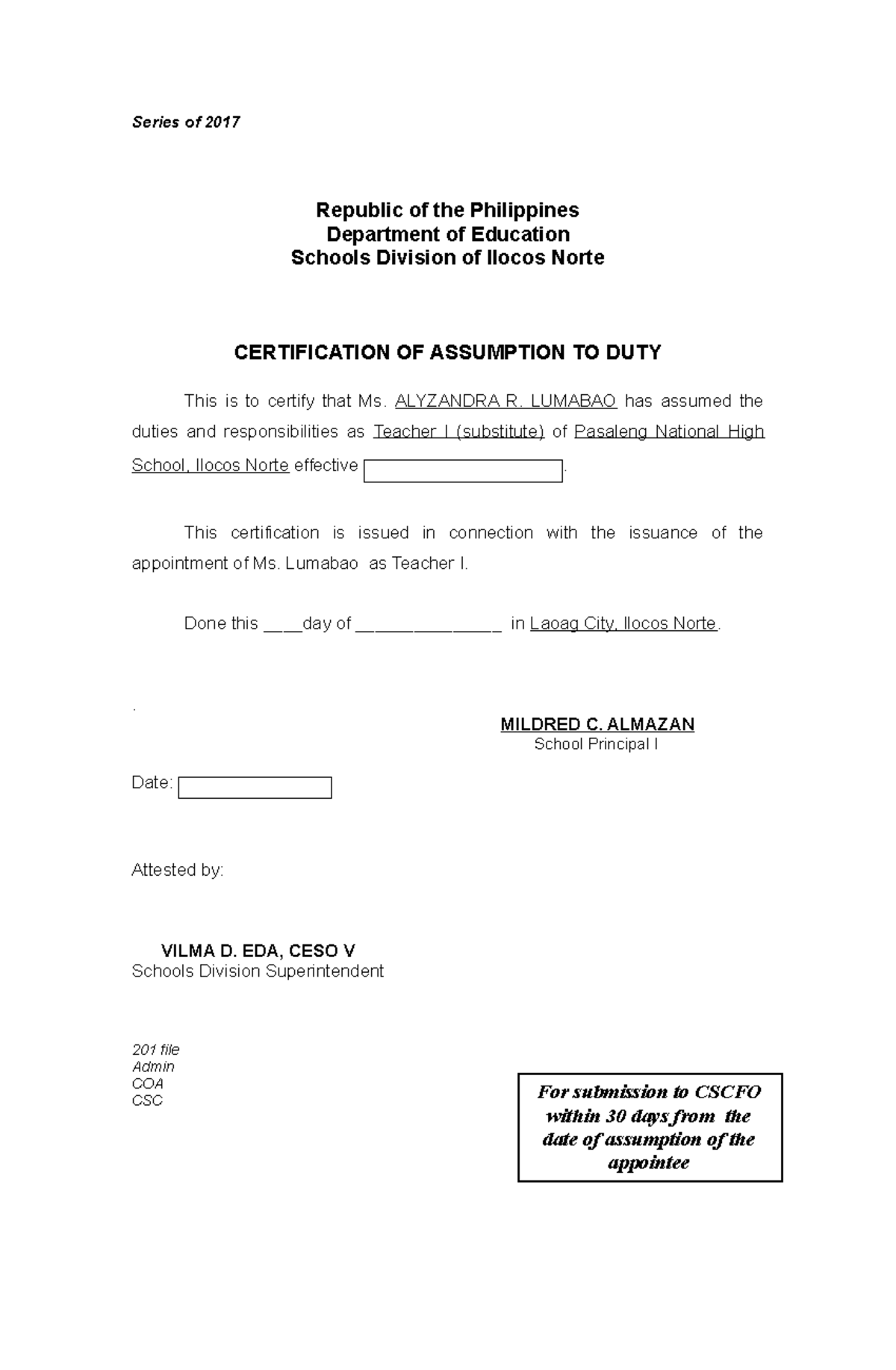 Assumption to Duty Substitute - Series of 2017 Republic of the ...