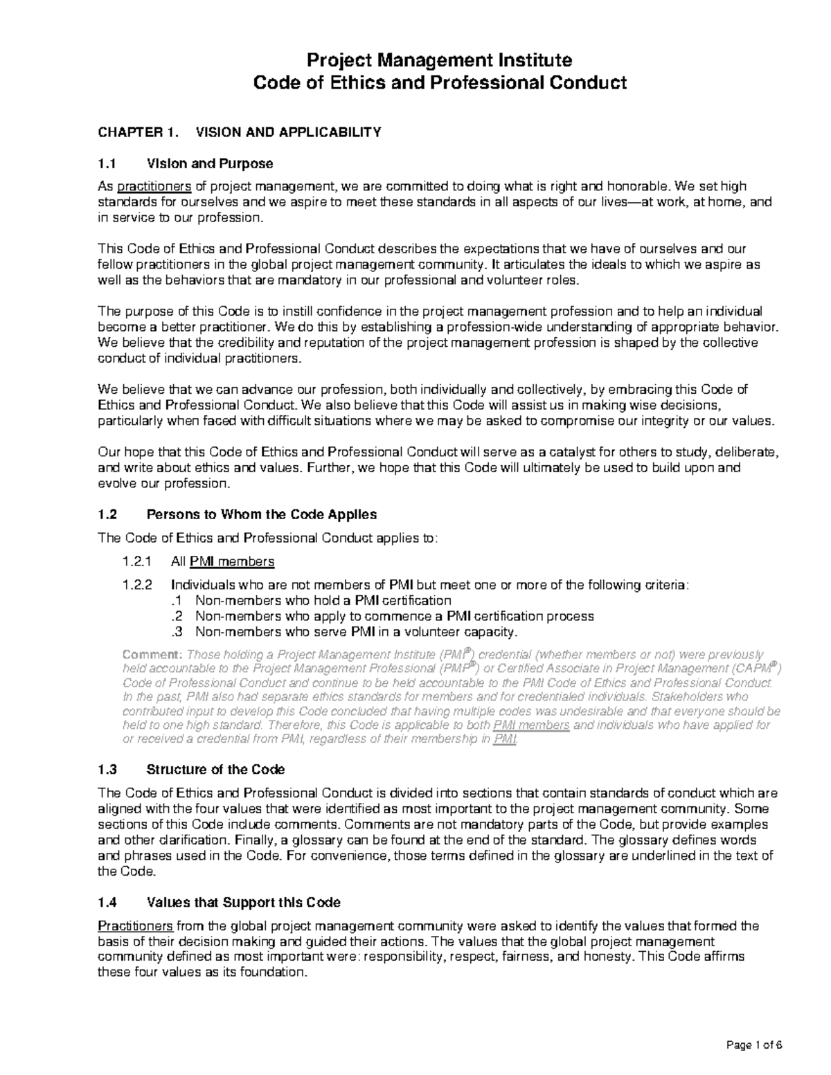 CFLC Project Management Institute Code of Ethics and Professional ...