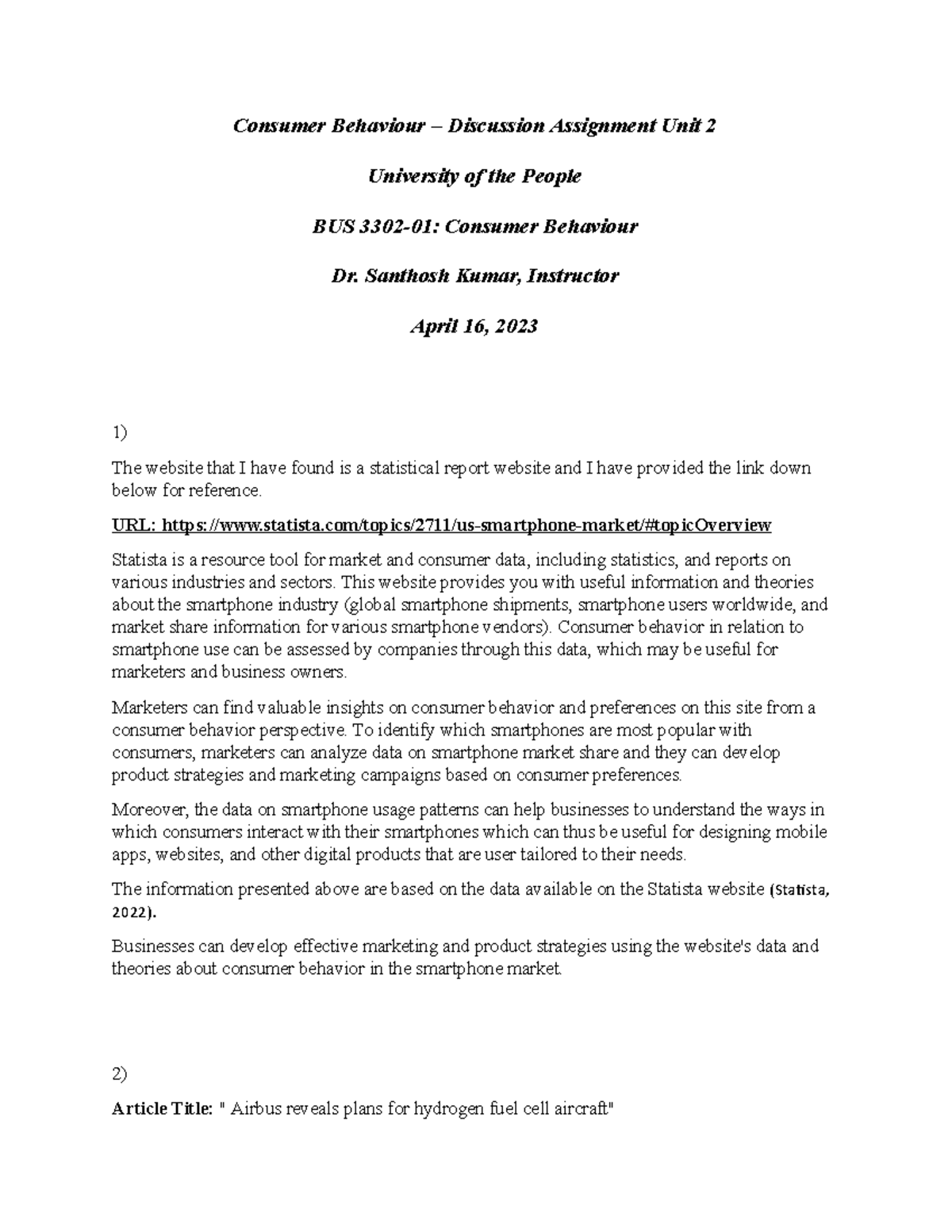 D-02 - Discussion 2 - Consumer Behaviour – Discussion Assignment Unit 2 ...