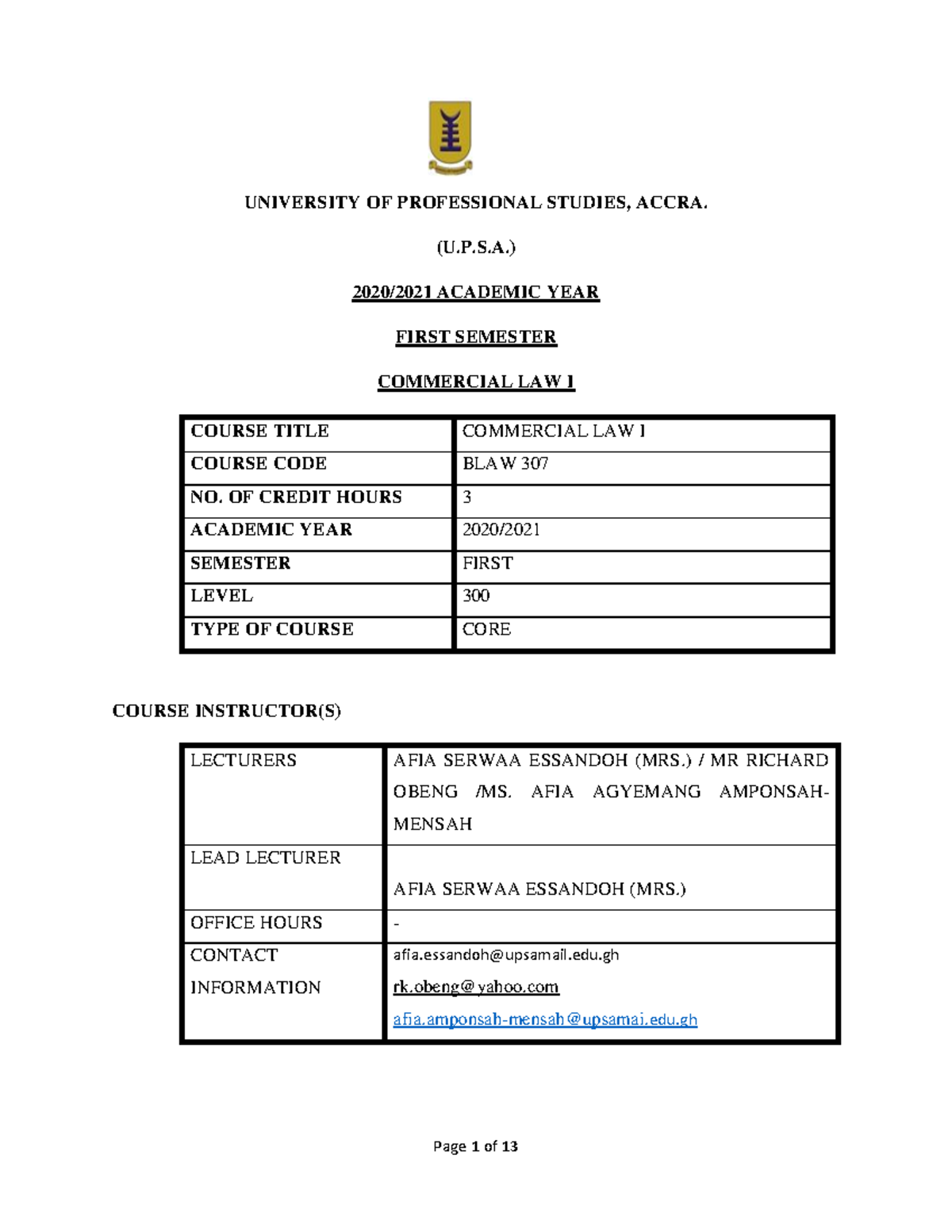 1ST Semester Course Outline FOR Commercial LAW I - UNIVERSITY OF ...
