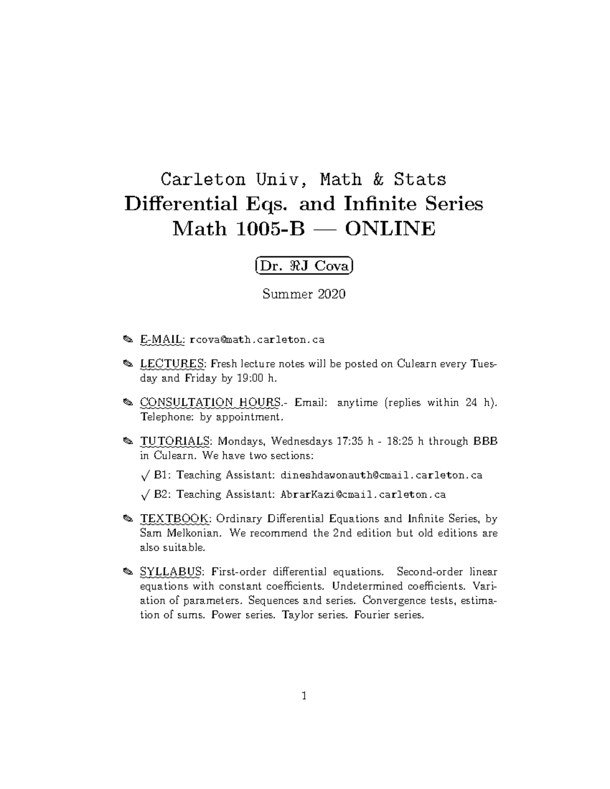 Outline M 1005B-S20 - Carleton Univ, Math & Stats Differential Eqs. and ...