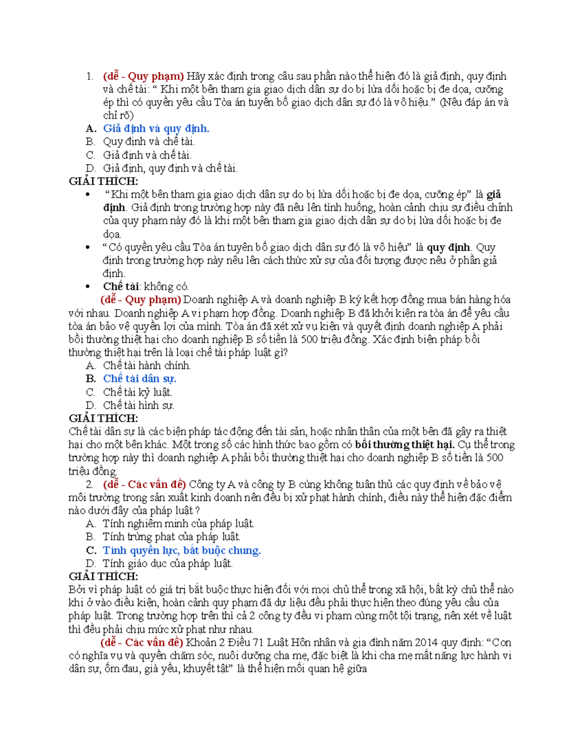 Cau hoi trac nghiem phap luat dai cuong chuong 2 - (dễ - Quy phạm) Hãy xác định trong câu sau ...