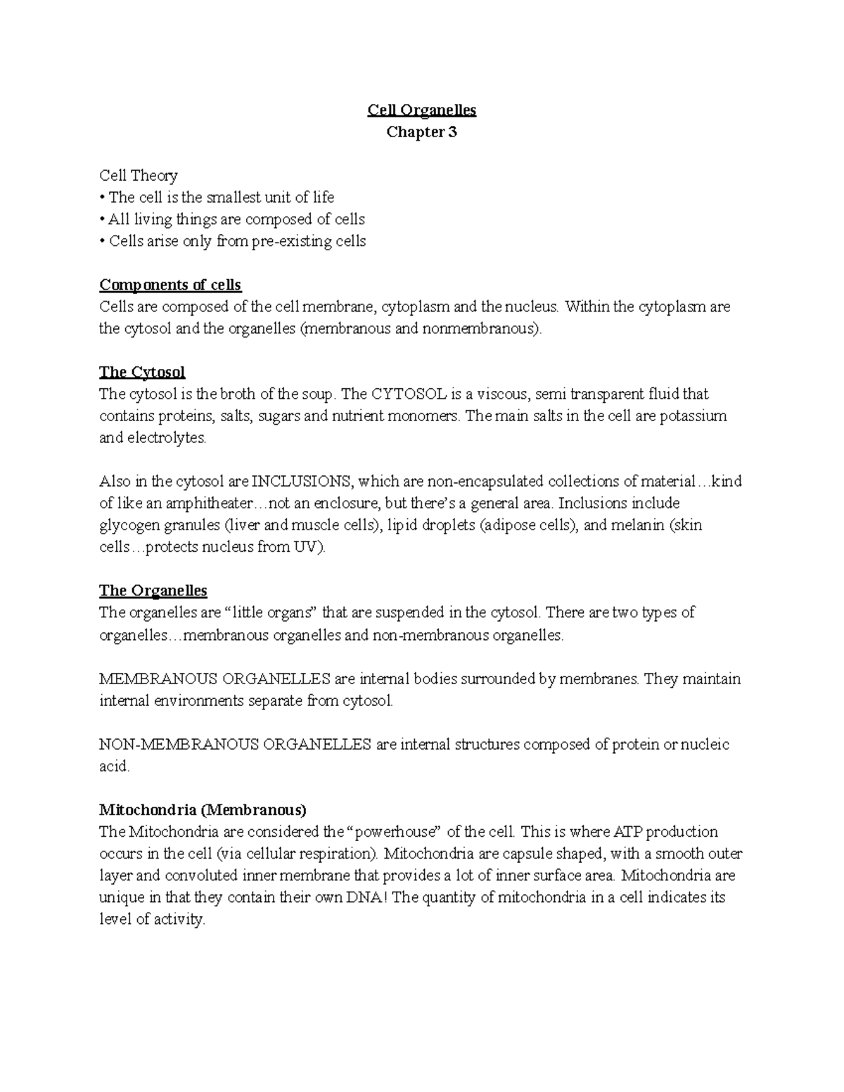 Cell Organelles Ch.3 - lecture notes - Cell Organelles Chapter 3 Cell ...