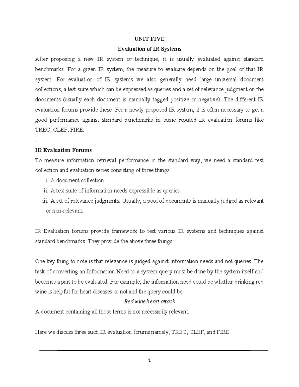 Chapter 5 Evaluation of IR Systems - UNIT FIVE Evaluation of IR Systems ...