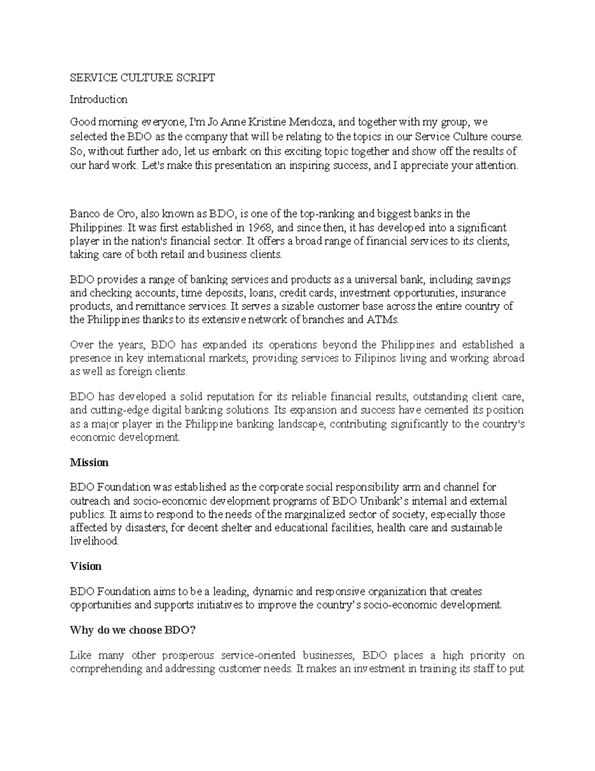 Service Culture Script - SERVICE CULTURE SCRIPT Introduction Good morning everyone, I'm Jo Anne ...