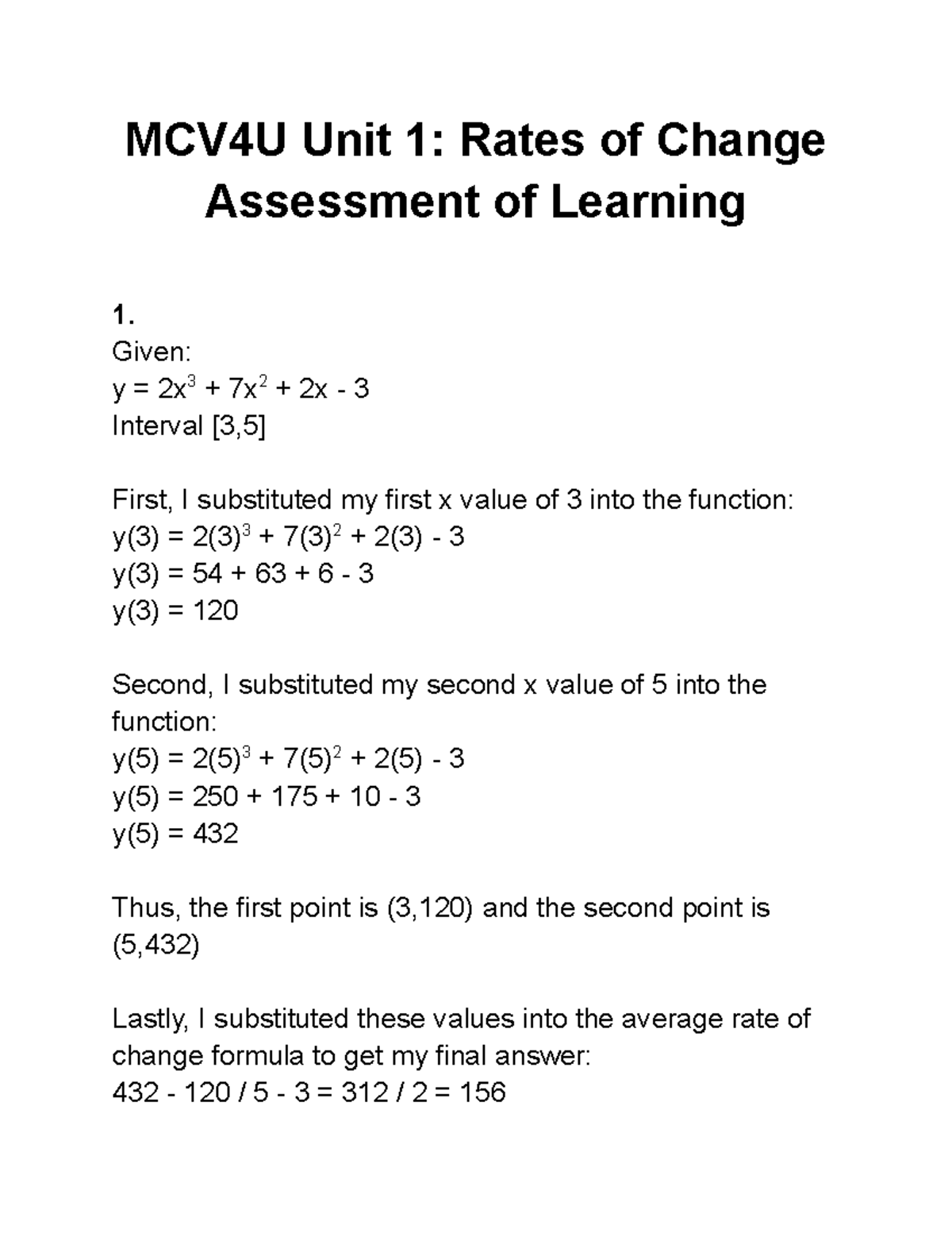 MCV4U Unit 1 Rates of Change Assessment of Learning - Given: y = 2x 3 ...