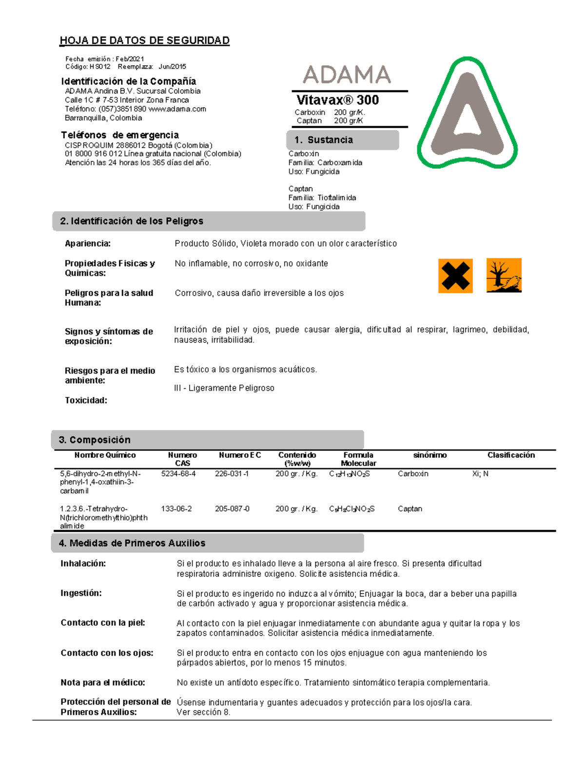 FDS Vitavax Captan - HOJA DE SEGURIDAD - HOJA DE DATOS DE SEGURIDAD ...