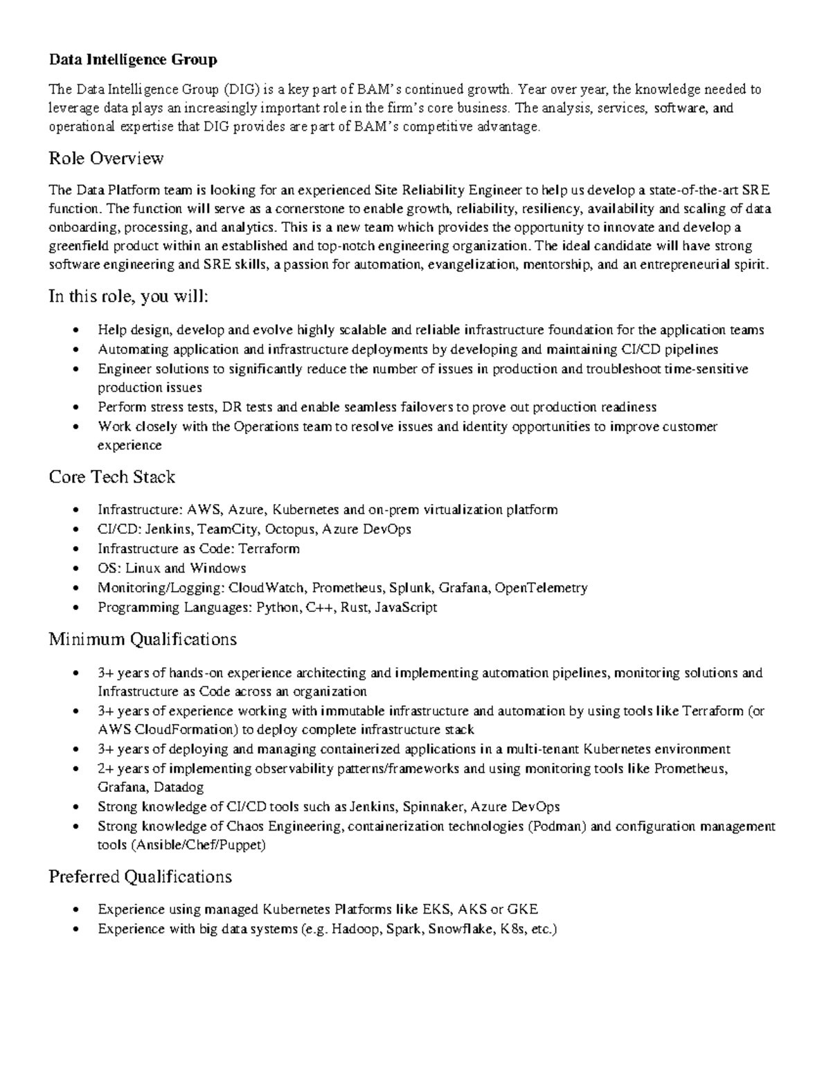 BAM Site Reliability Engineer - Data Platform JD - Data Intelligence ...