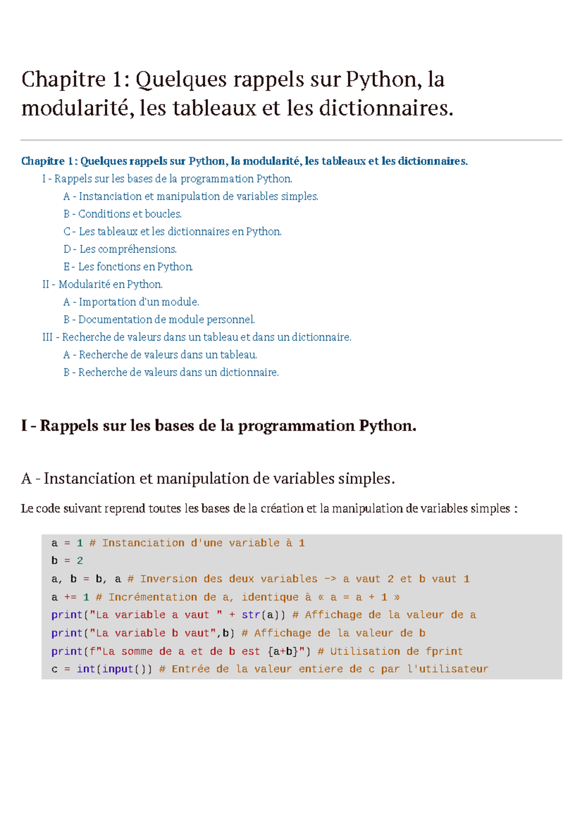 Rappels de cours première - Chapitre 1: Quelques rappels sur Python, la modularité, les tableaux ...
