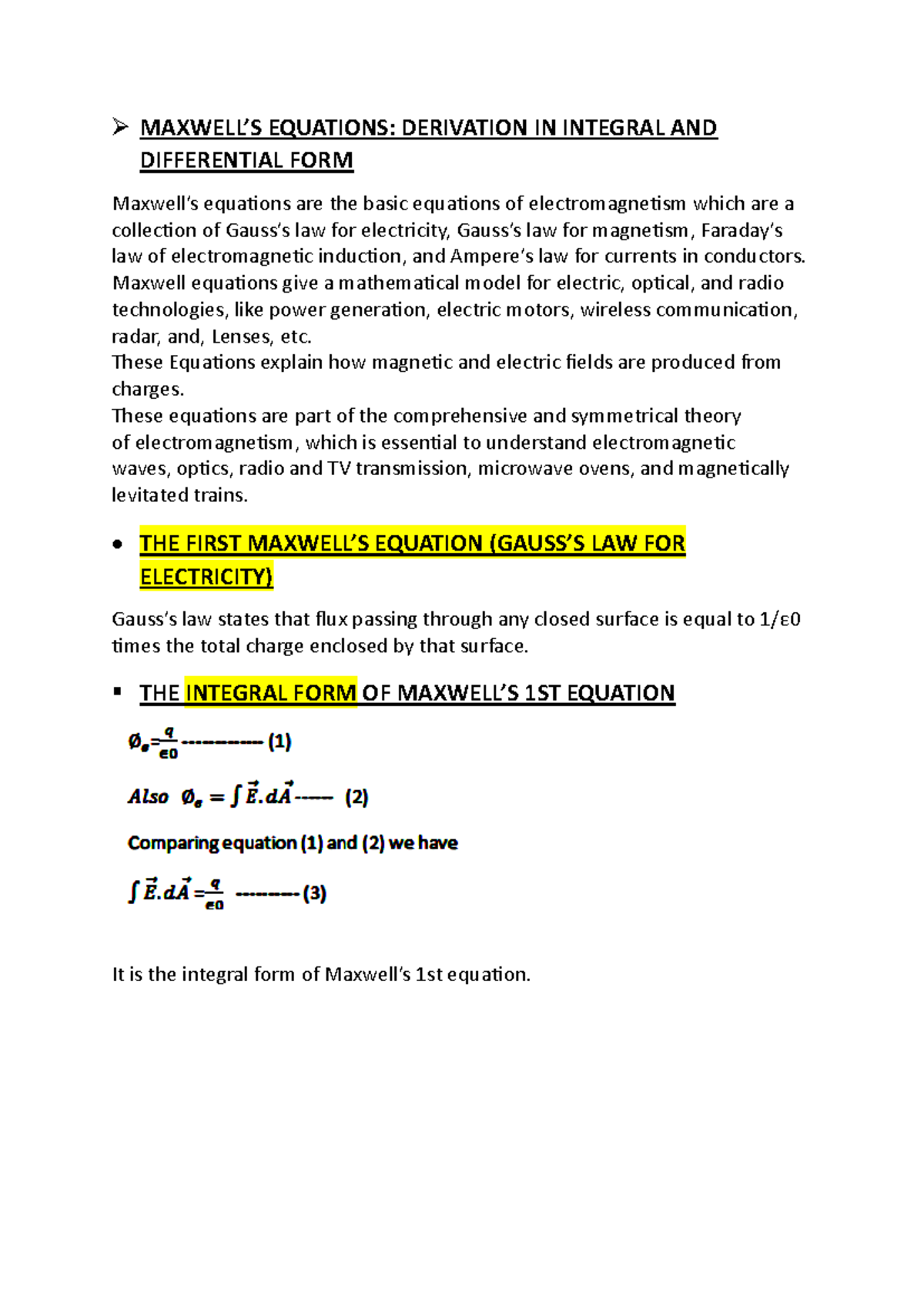Maxwell - MAXWELL’S EQUATIONS: DERIVATION IN INTEGRAL AND DIFFERENTIAL FORM Maxwell’s equations ...