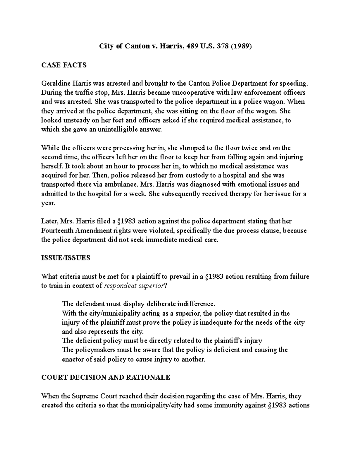 Case Laws - City of Canton v. Harris, 489 U. 378 (1989) CASE FACTS ...