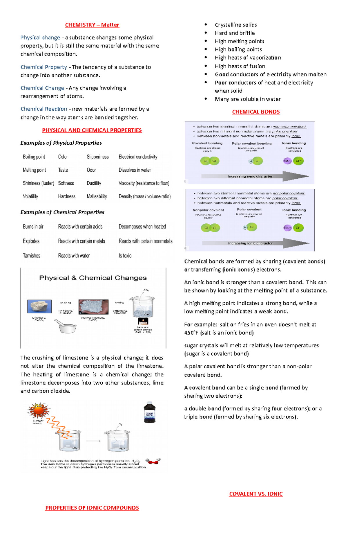 Handout: Chemistry - CHEMISTRY – Matter Physical change - a substance ...