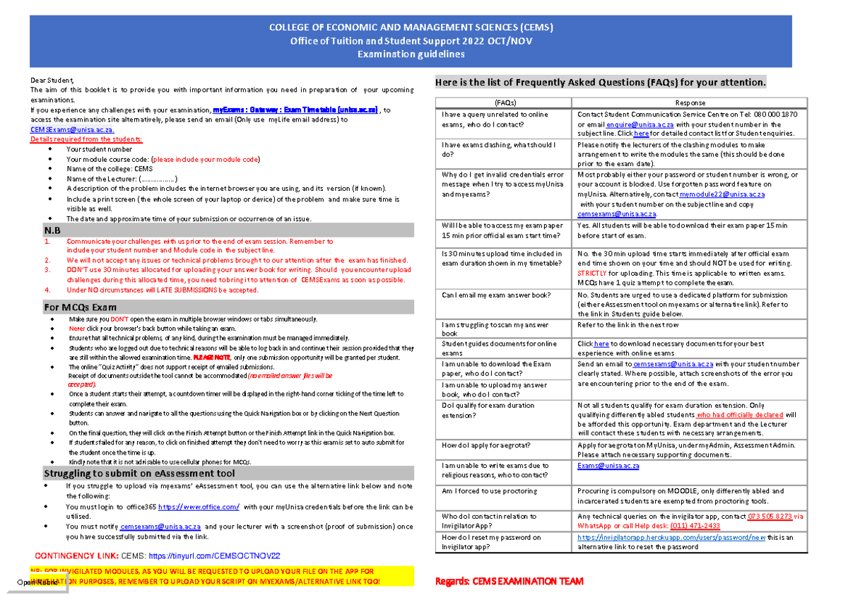 Exam Booklet Oct Nov 2022. Updated - COLLEGE OF ECONOMIC AND MANAGEMENT ...