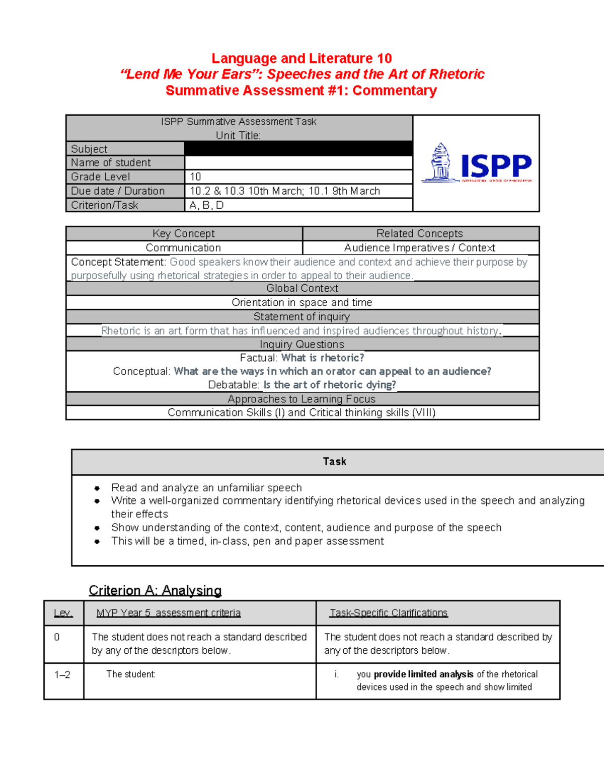 Lend Me Your Ears Summative Task Sheet 1 - Language and Literature 10 ...