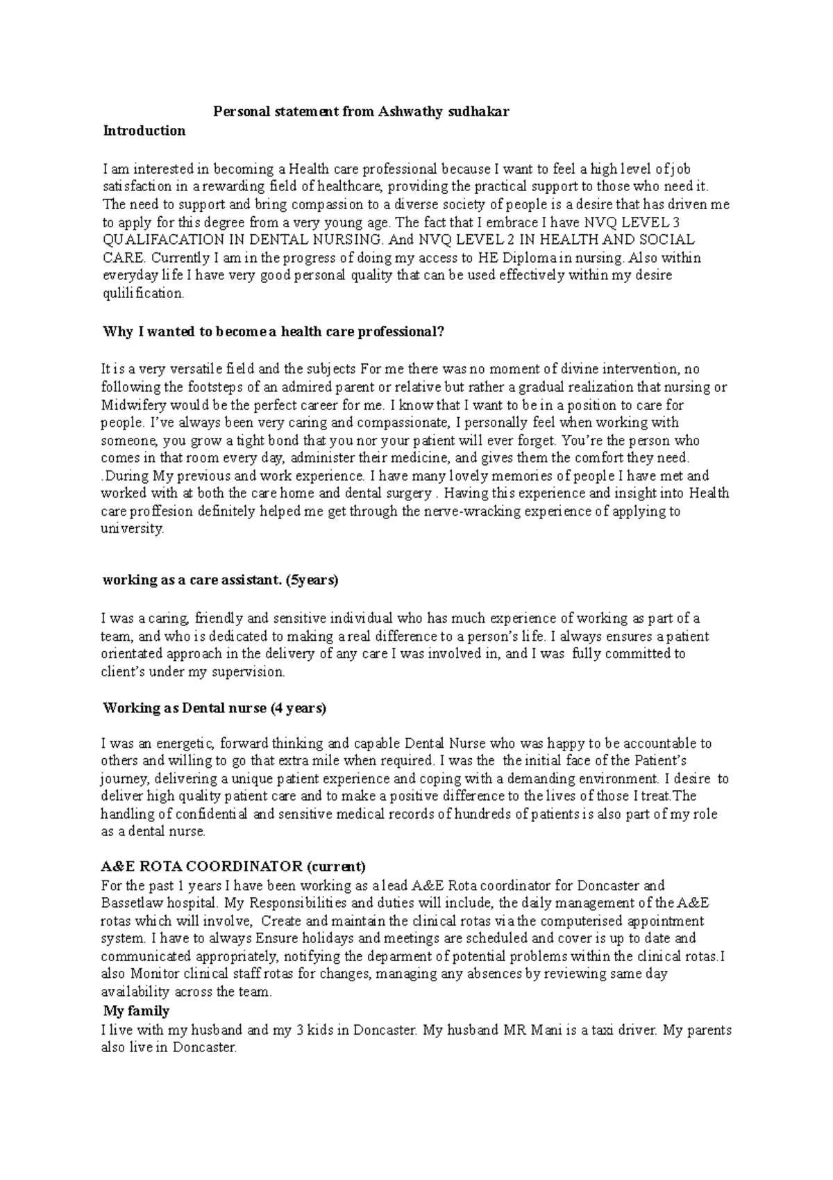Unit 1 Personal Statement 1341375 75 - Personal statement from Ashwathy ...