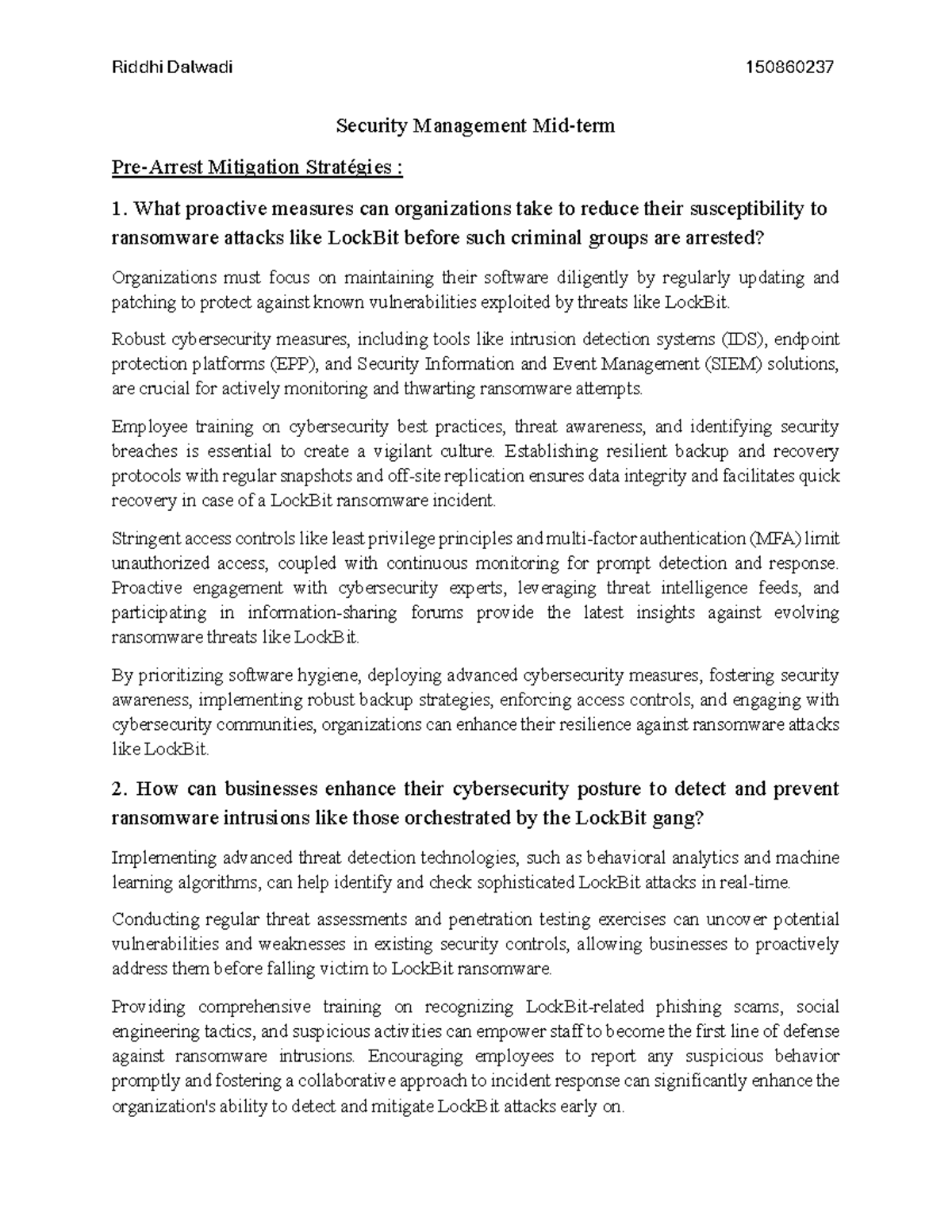 Security midterm - Security Management Mid-term Pre-Arrest Mitigation ...