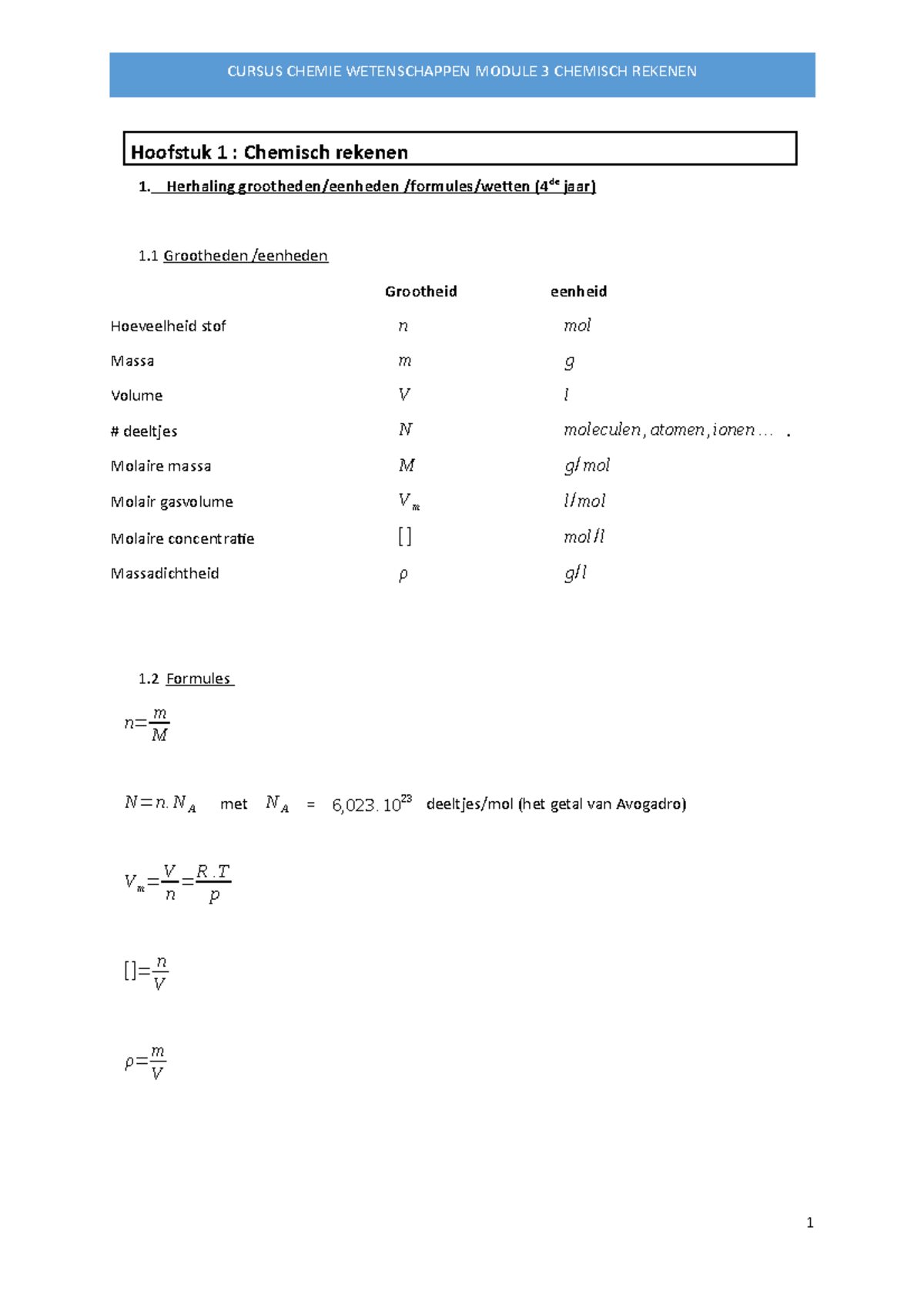6.2 Hoofstuk 1 Chemisch rekenen ingevuld - 1. Herhaling grootheden ...
