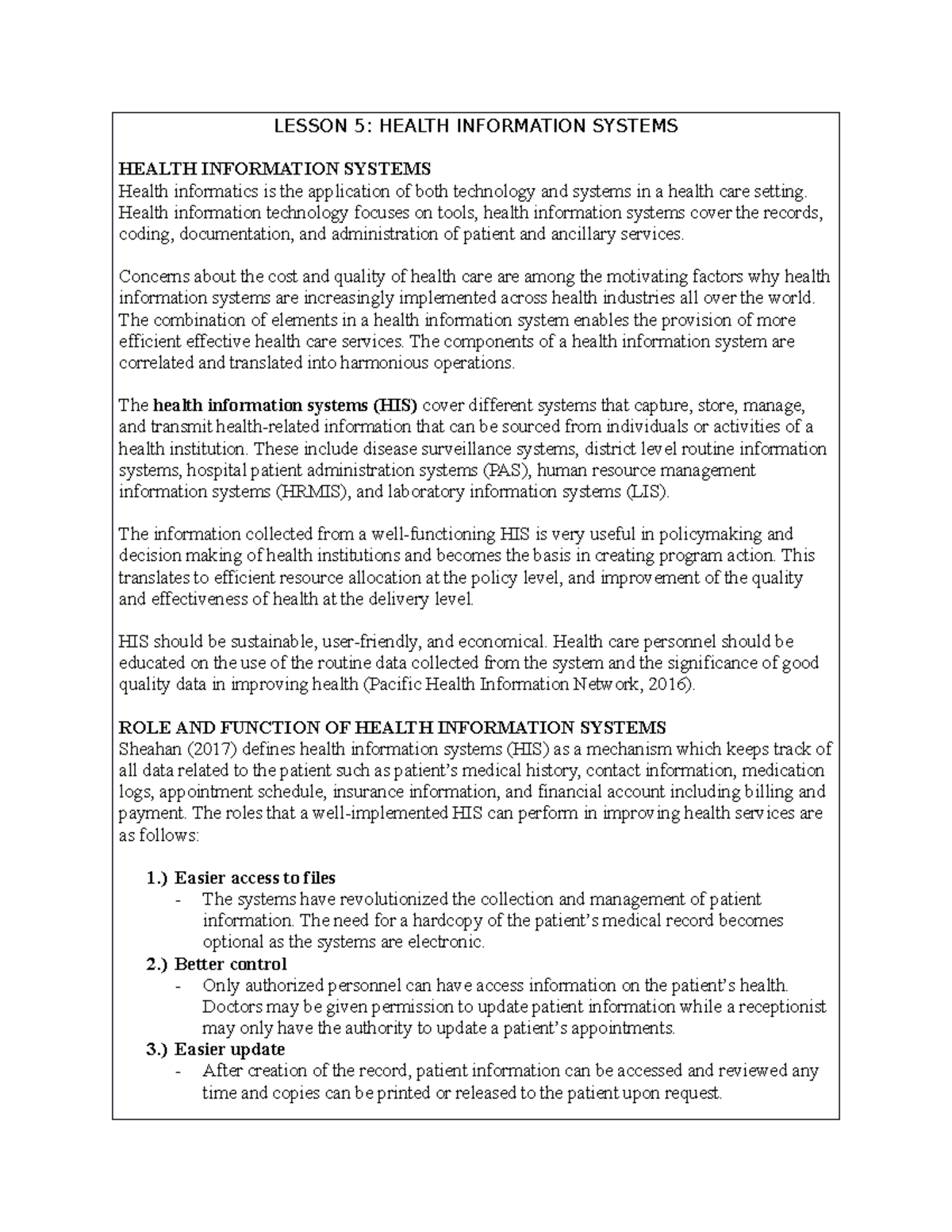 Lesson 5 - HEALTH INFORMATION SYSTEM - LESSON 5: HEALTH INFORMATION ...