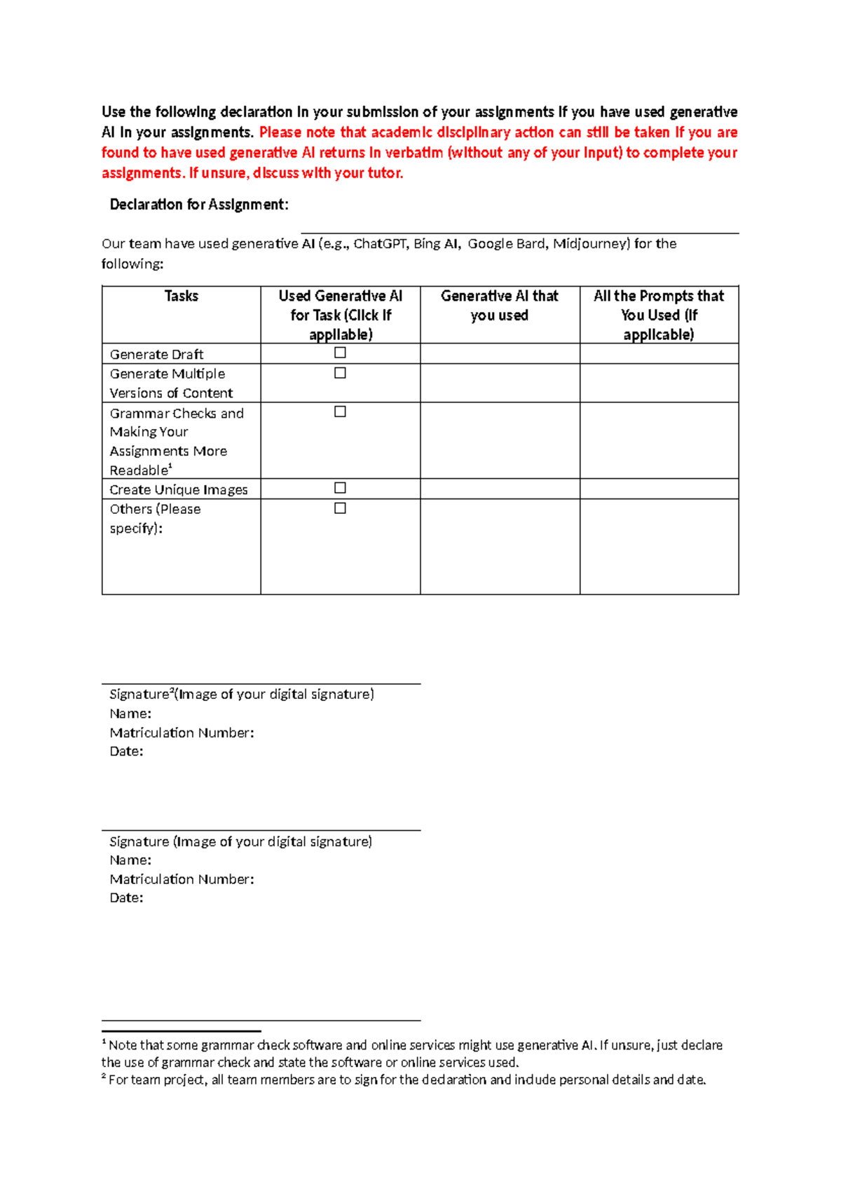 Declaration of Generative AI Team - Use the following declaration in ...