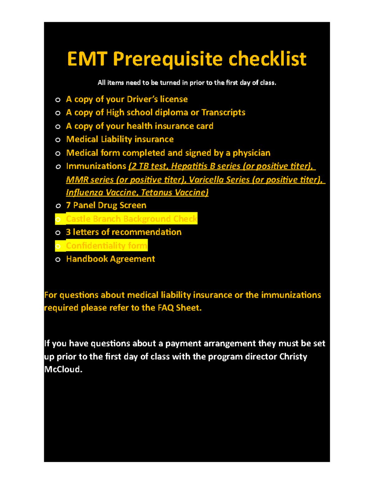 EMT Prerequisite checklist for entrance - EMT Prerequisite checklist ...