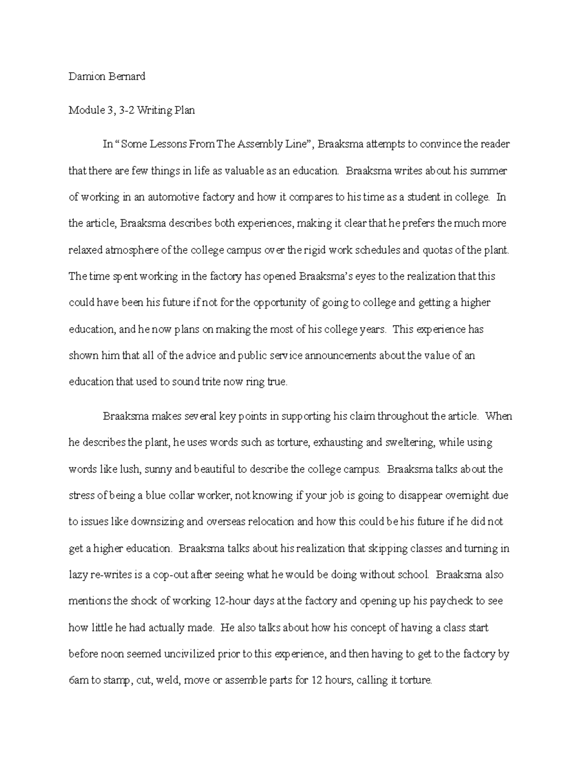 ENG 122 Module 3, 3-2 Writing Plan - Damion Bernard Module 3, 3-2 ...