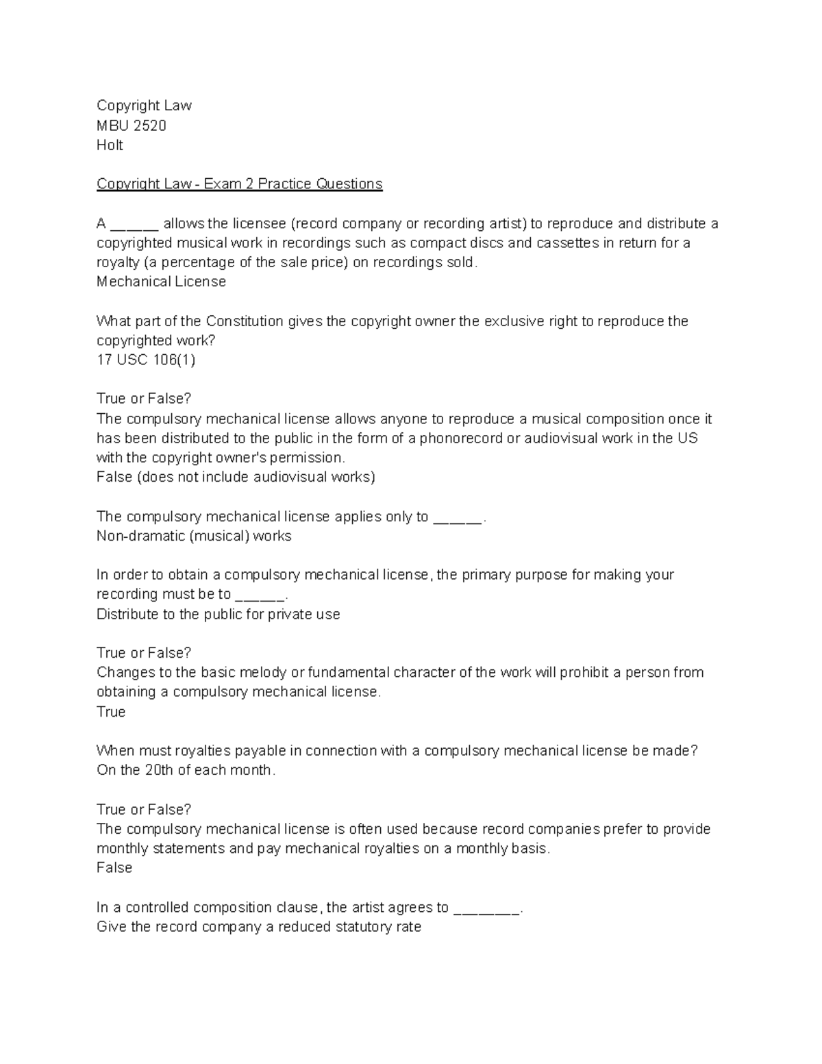 Copyright Law - Exam 2 - Lecture notes Test 2 - Copyright Law MBU 2520 ...