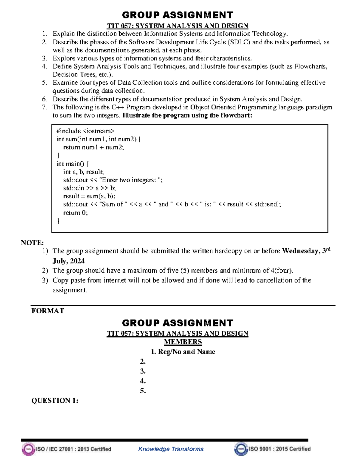 TIT 057 SAD Assignment - system analysis and design - Knowledge Transforms GROUP ASSIGNMENT TIT ...