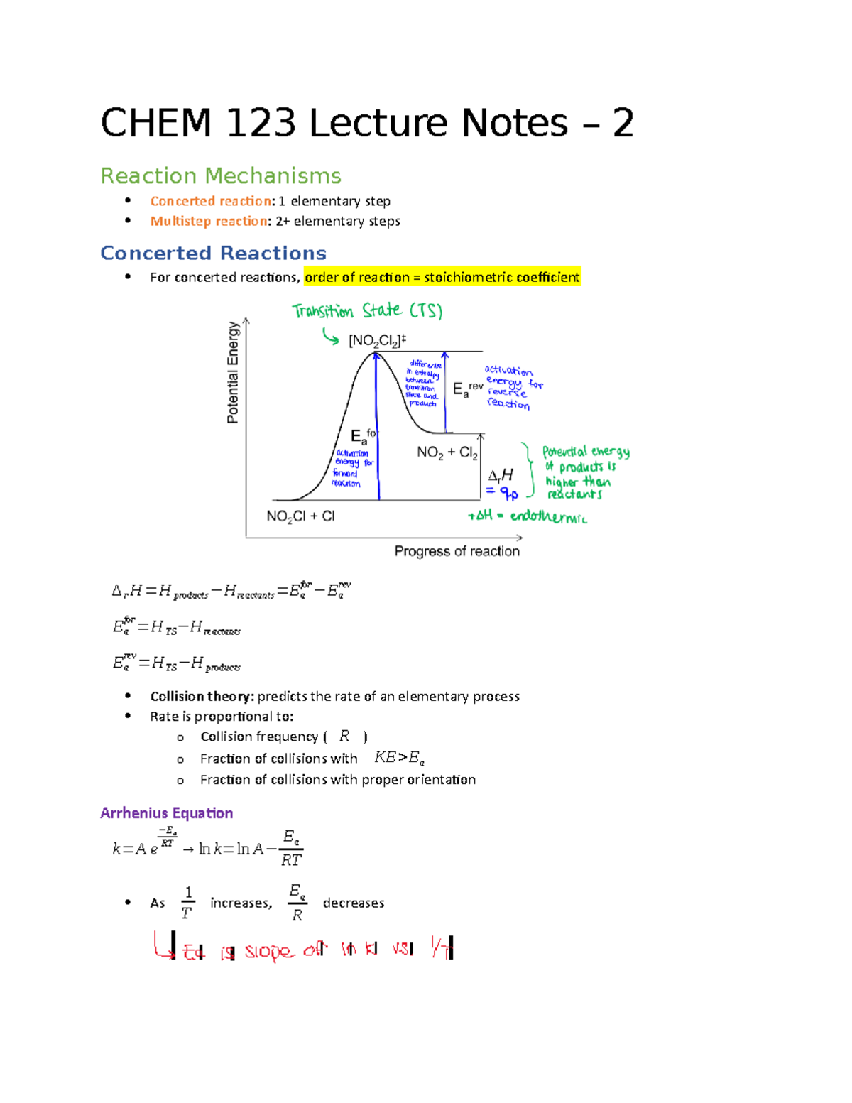 CHEM123-Notes-2 - Chemistry Notes - CHEM 123 Lecture Notes – 2 Reaction ...