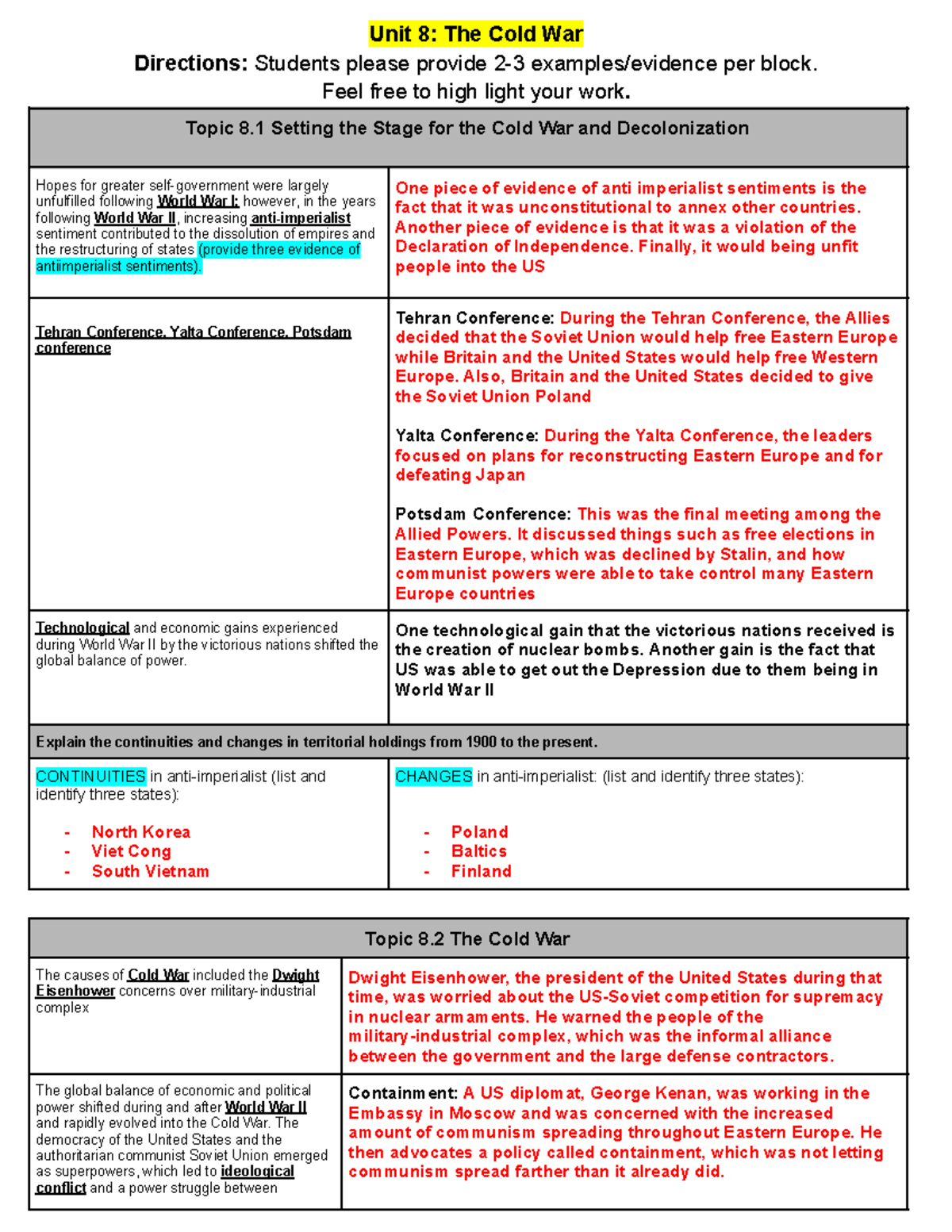 Unit 8 Cold War Notes updated-1 - Unit 8: The Cold War Directions ...