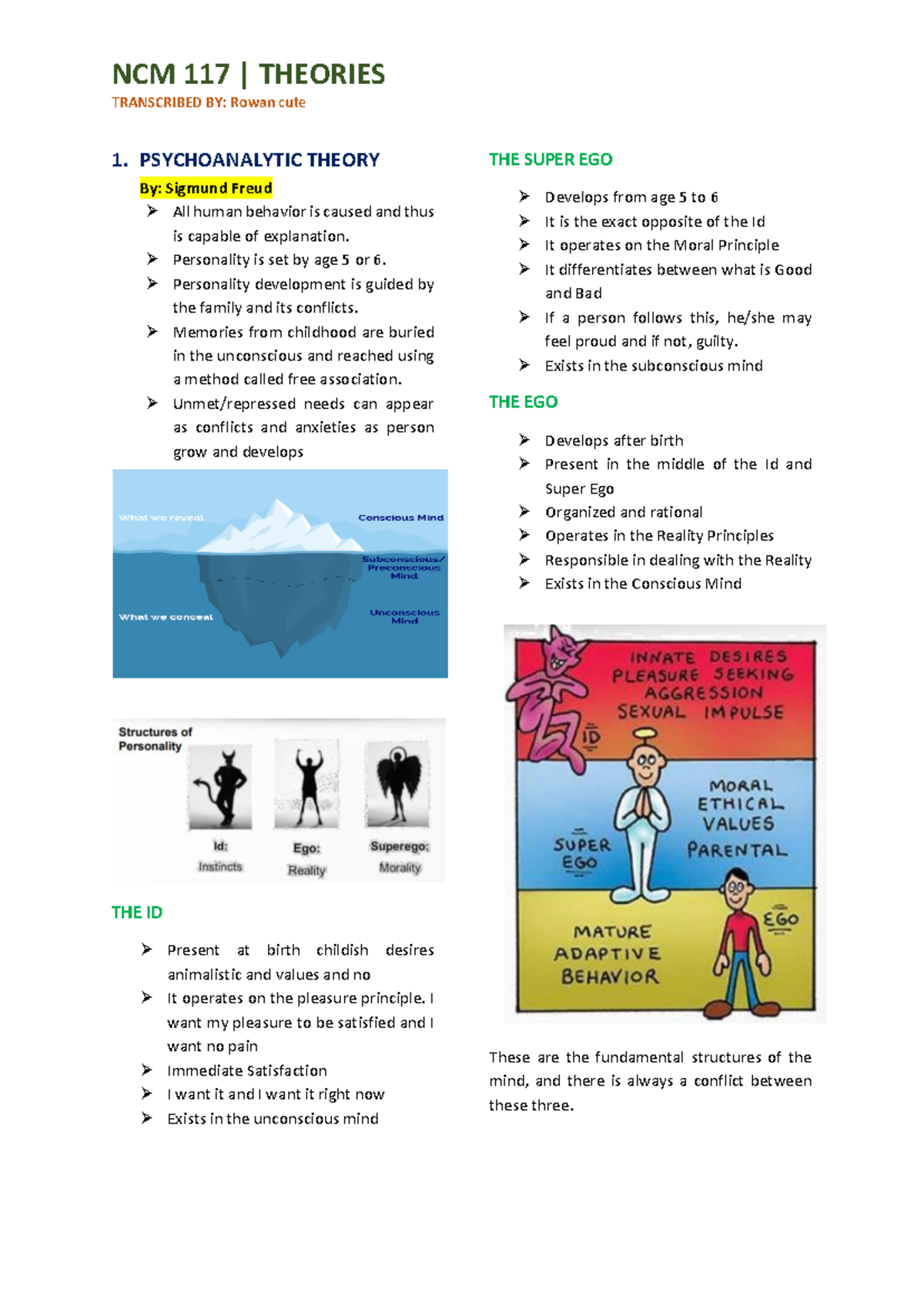 Psychoanalytic- Theory (1) - NCM 117 | THEORIES TRANSCRIBED BY: Rowan ...